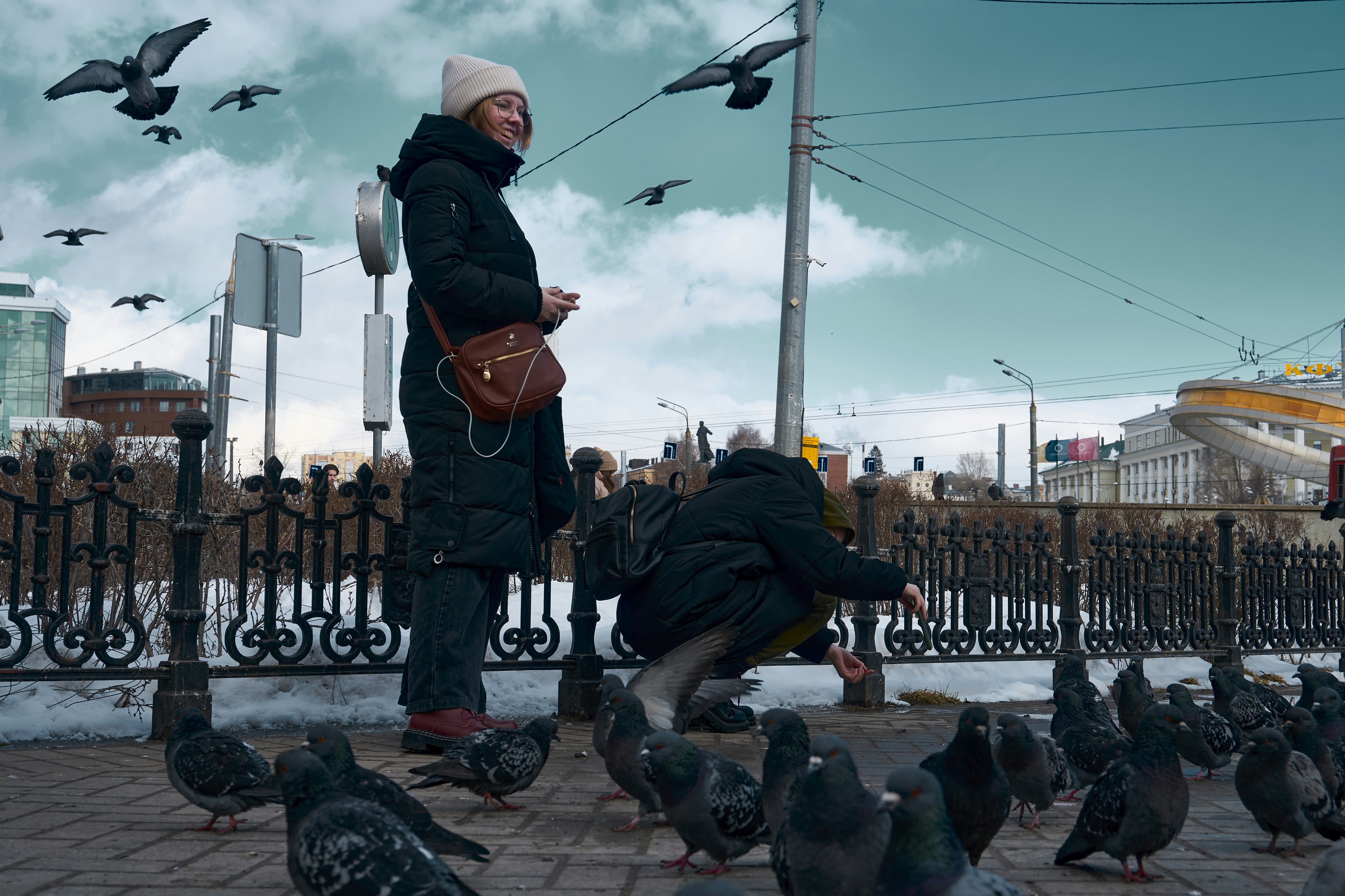Pigeon Parade: A Cold-Weather Moment on the City Promenade
