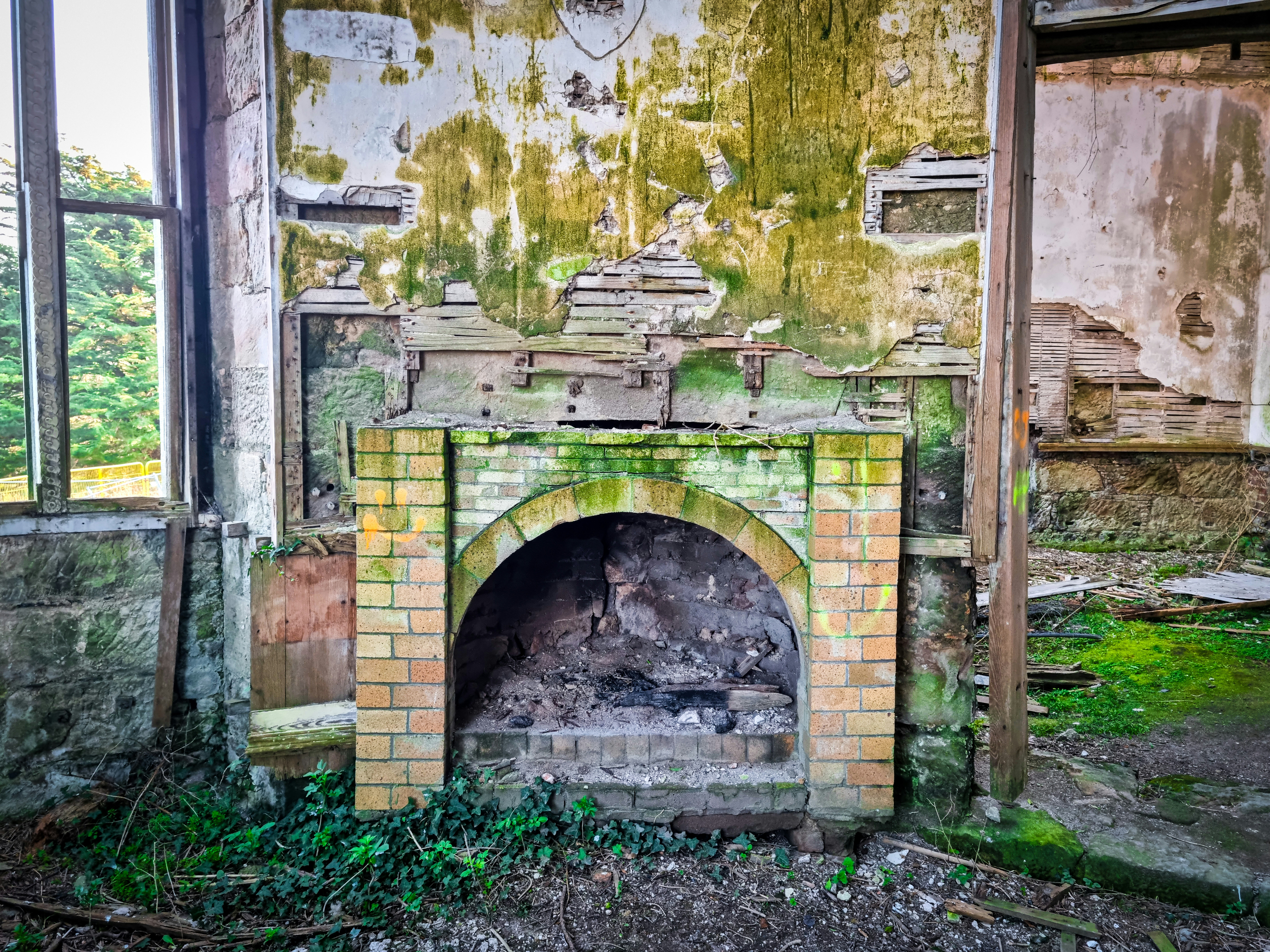 Abandoned Fireplace Centered Between Mossy Walls
