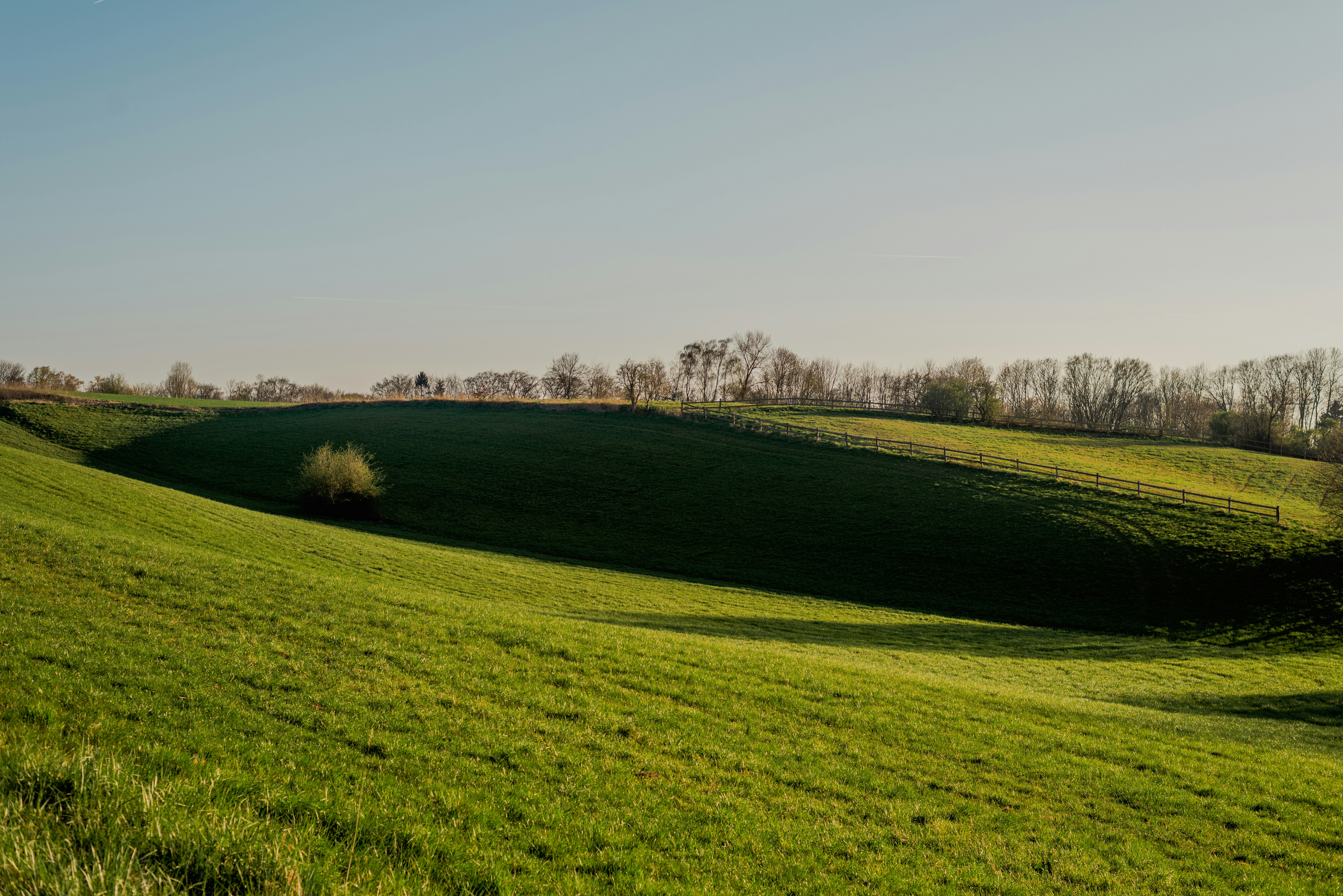 Gentle green hills under a clear blue sky, casting soft shadows in the early morning light.