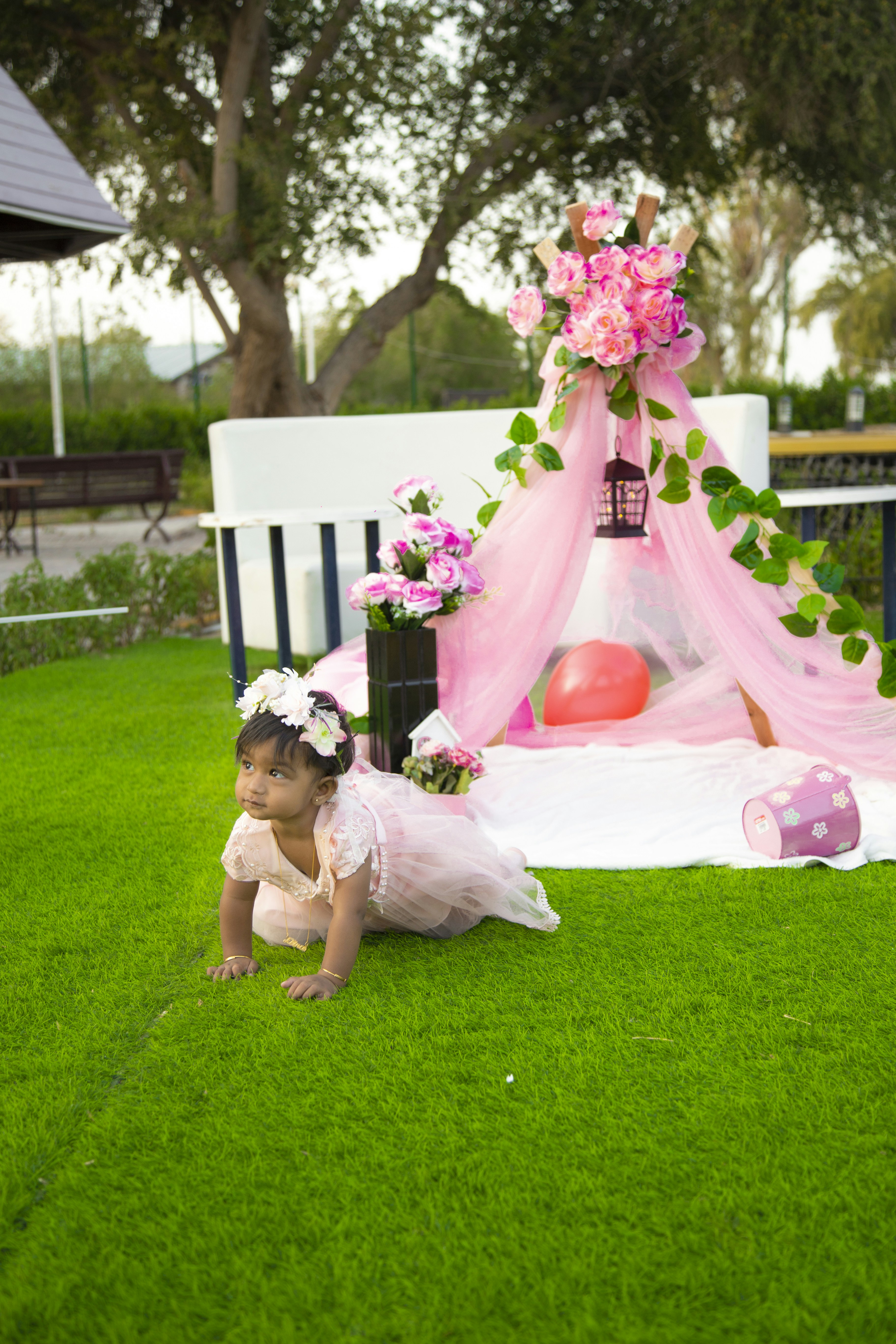 Tiny Explorer in a Pink Garden of Dreams