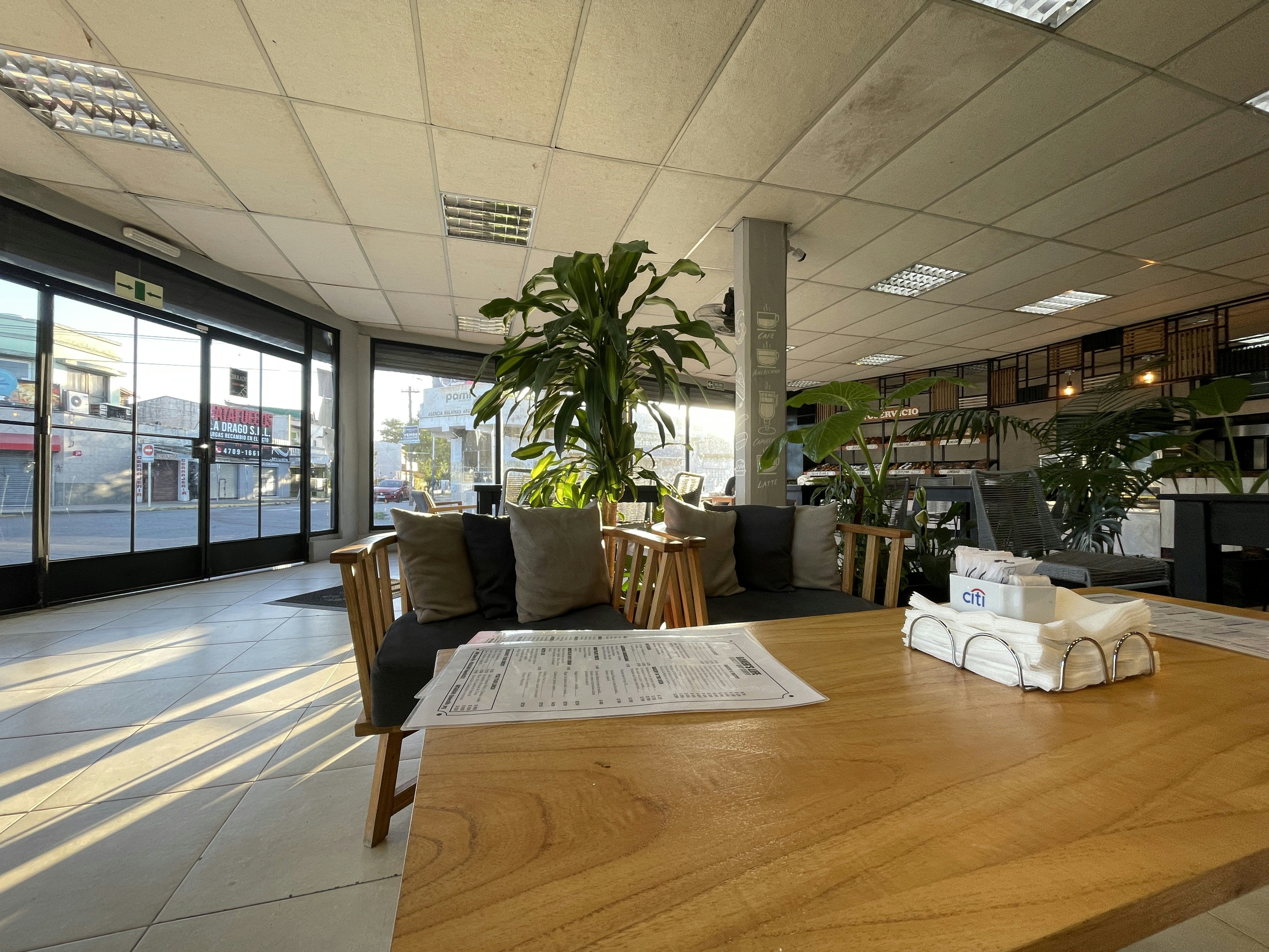 Esta imagen muestra el interior de una cafetería moderna y luminosa, con grandes ventanales que permiten el ingreso de luz natural. El mobiliario es de madera clara con cojines en tonos neutros, generando un ambiente cálido y acogedor. En el centro de la sala hay plantas verdes que aportan frescura y vitalidad al espacio. Sobre la mesa hay una carta, servilletas y un servilletero con el logo de CFI. Afuera se puede ver parte de la calle y comercios cercanos. This image shows the interior of a modern and bright coffee shop, with large windows allowing natural light t