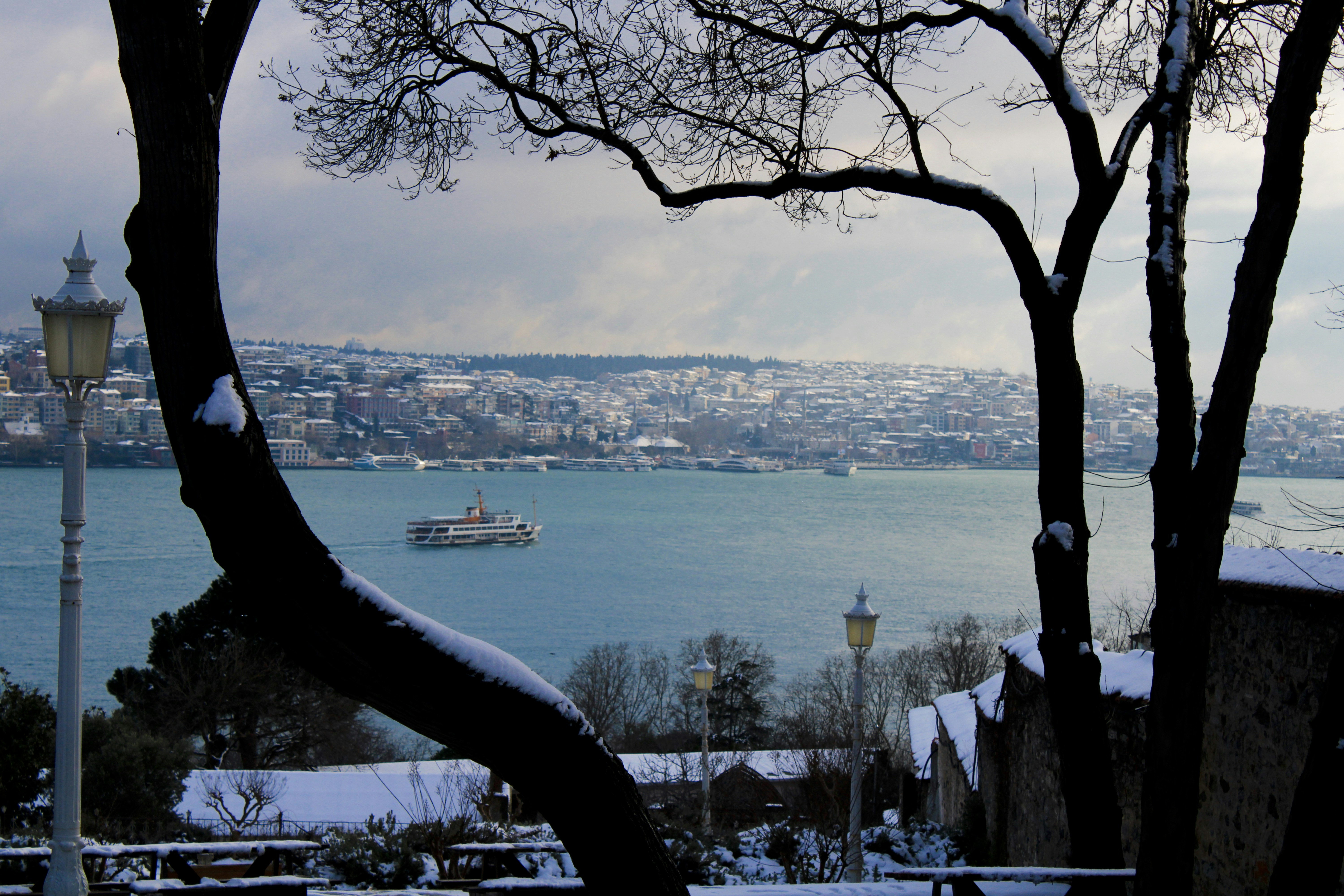 Snow-Kissed Harbor: A lone boat glides through a tranquil winter sea toward a distant city