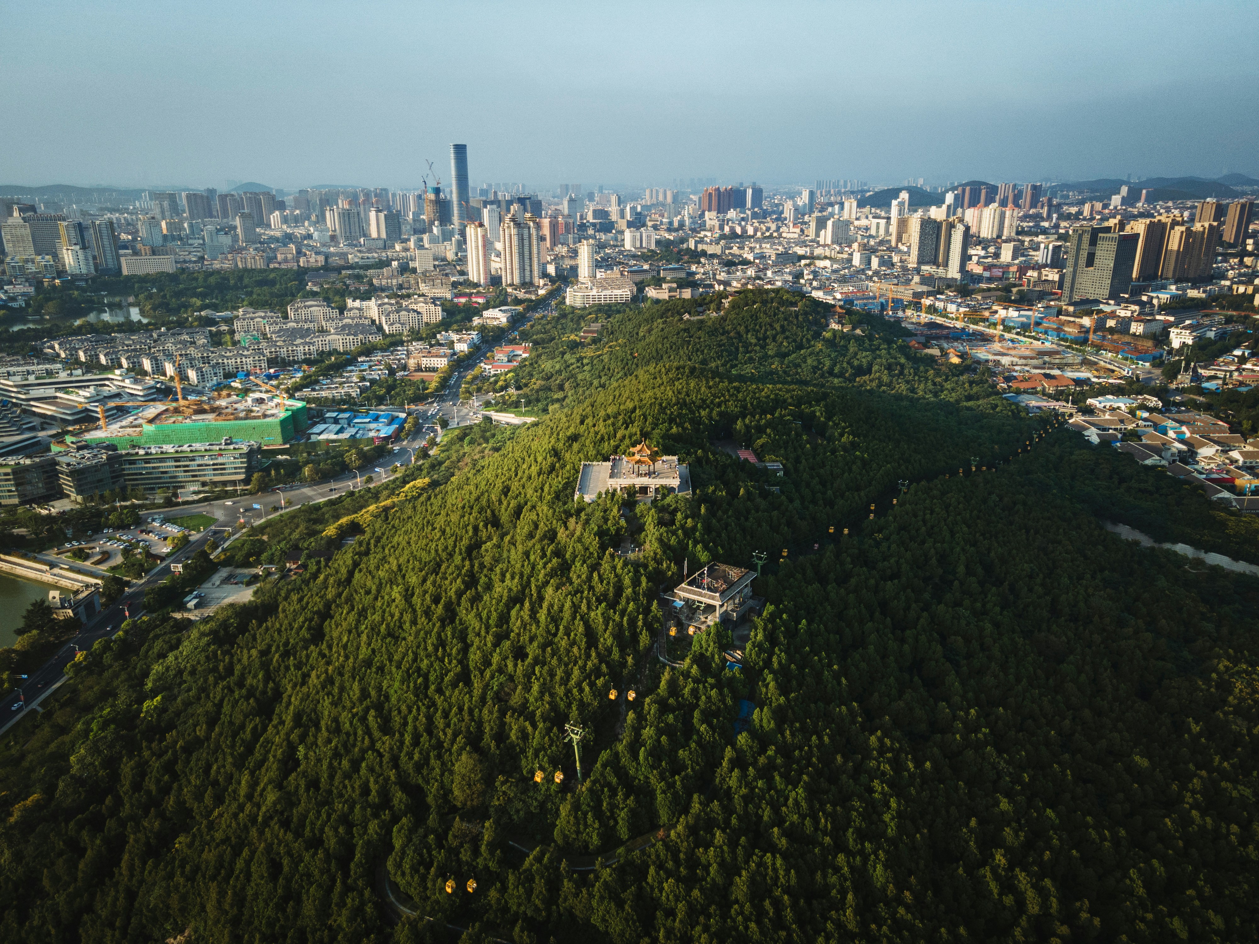Aerial view of a lush green hill surrounded by a sprawling cityscape, showcasing the contrast between nature and urban development.