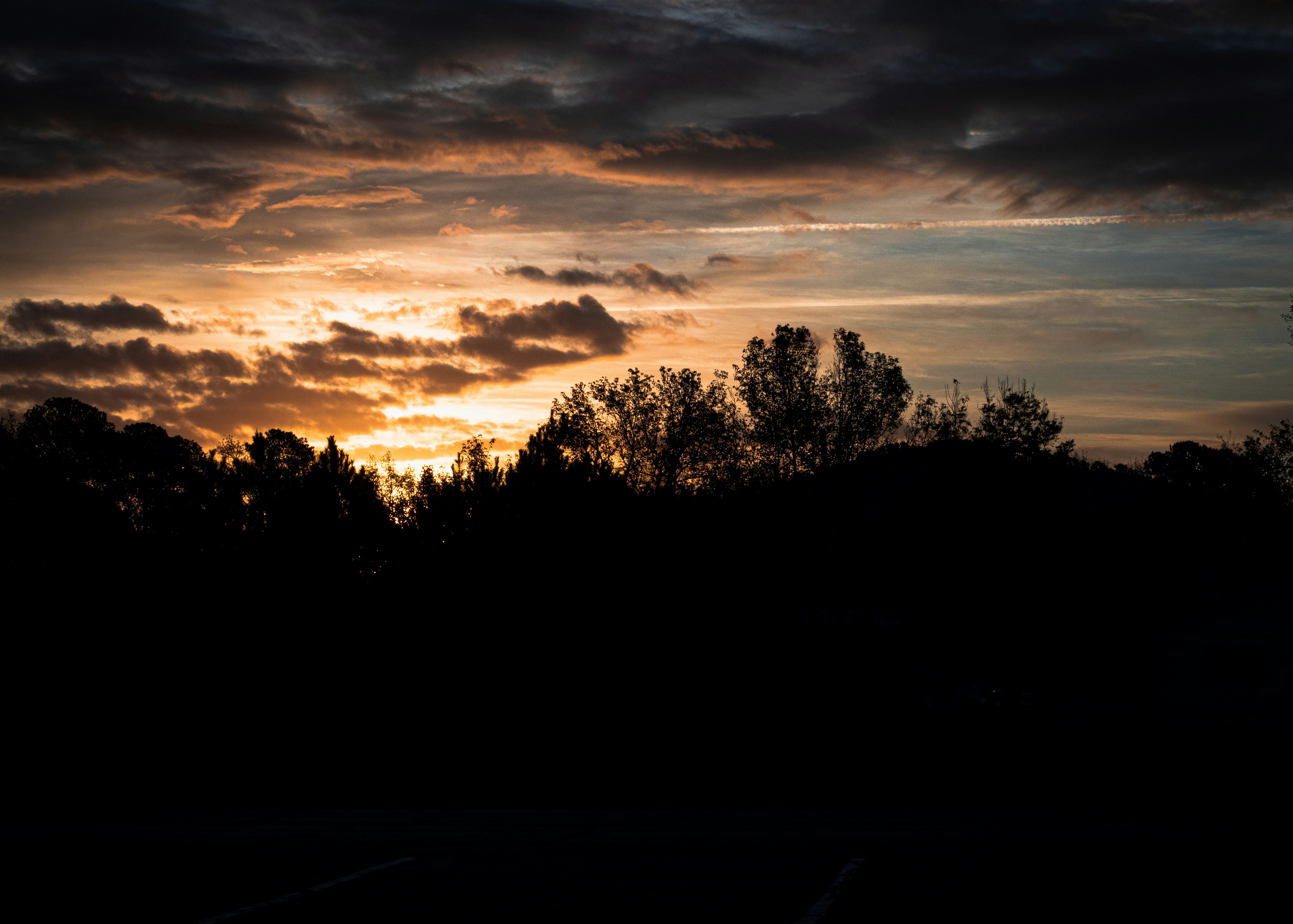 Silhouetted trees against a dramatic sunrise sky with rich orange and dark clouds.