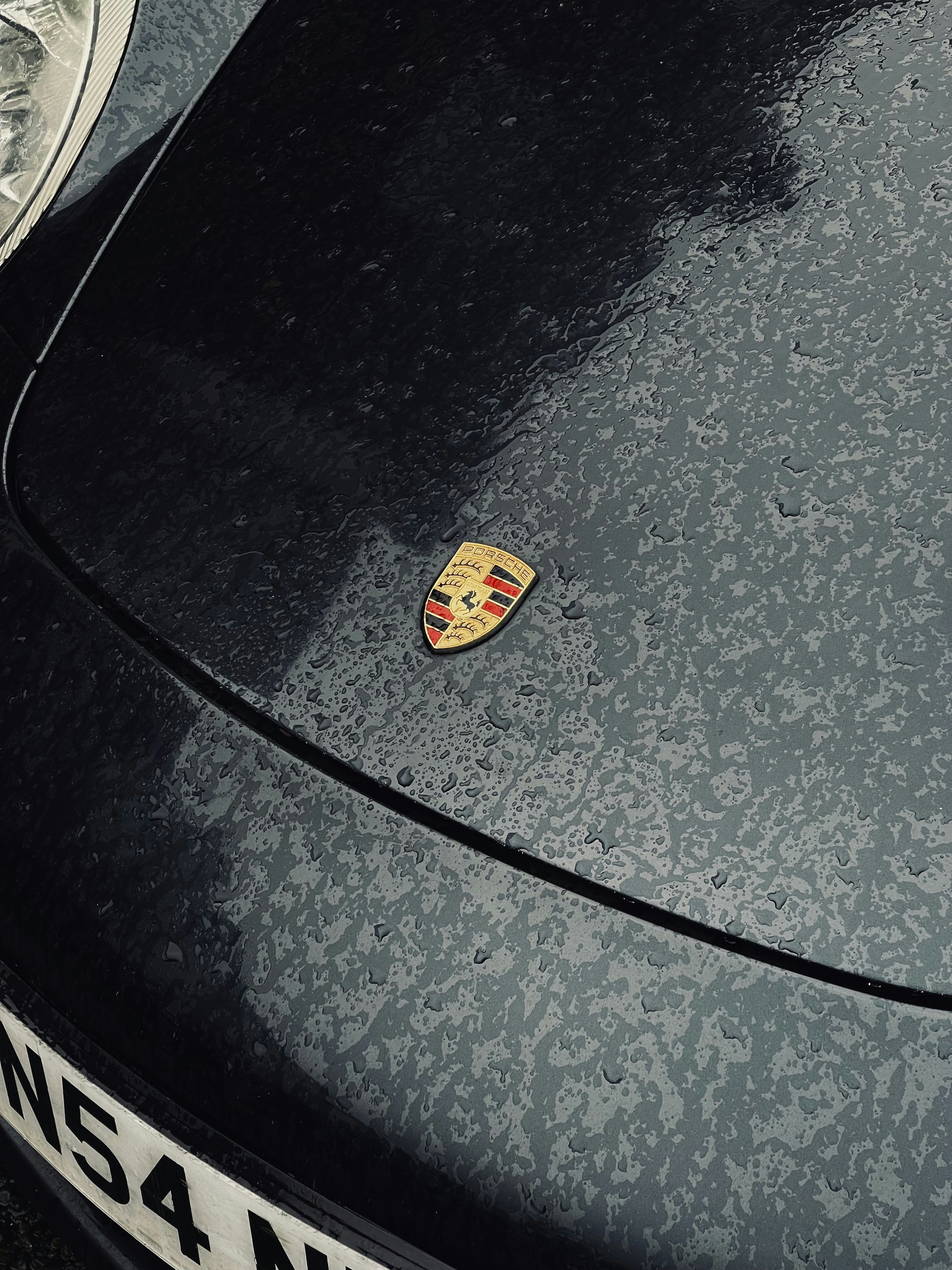 a close up of a porsche logo on the hood of a car