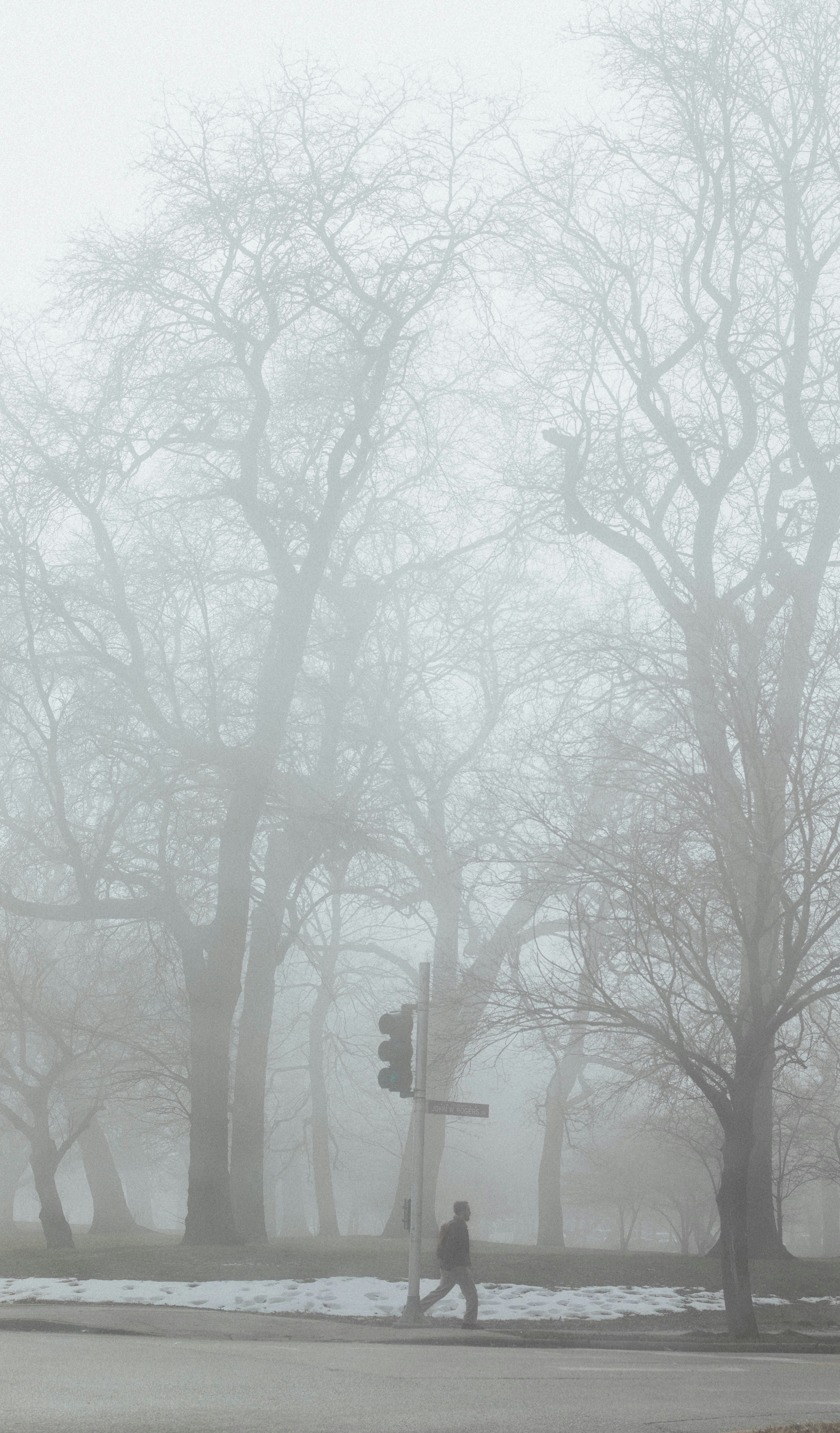 A person walking across a street in the fog photo – Free Nature Image ...