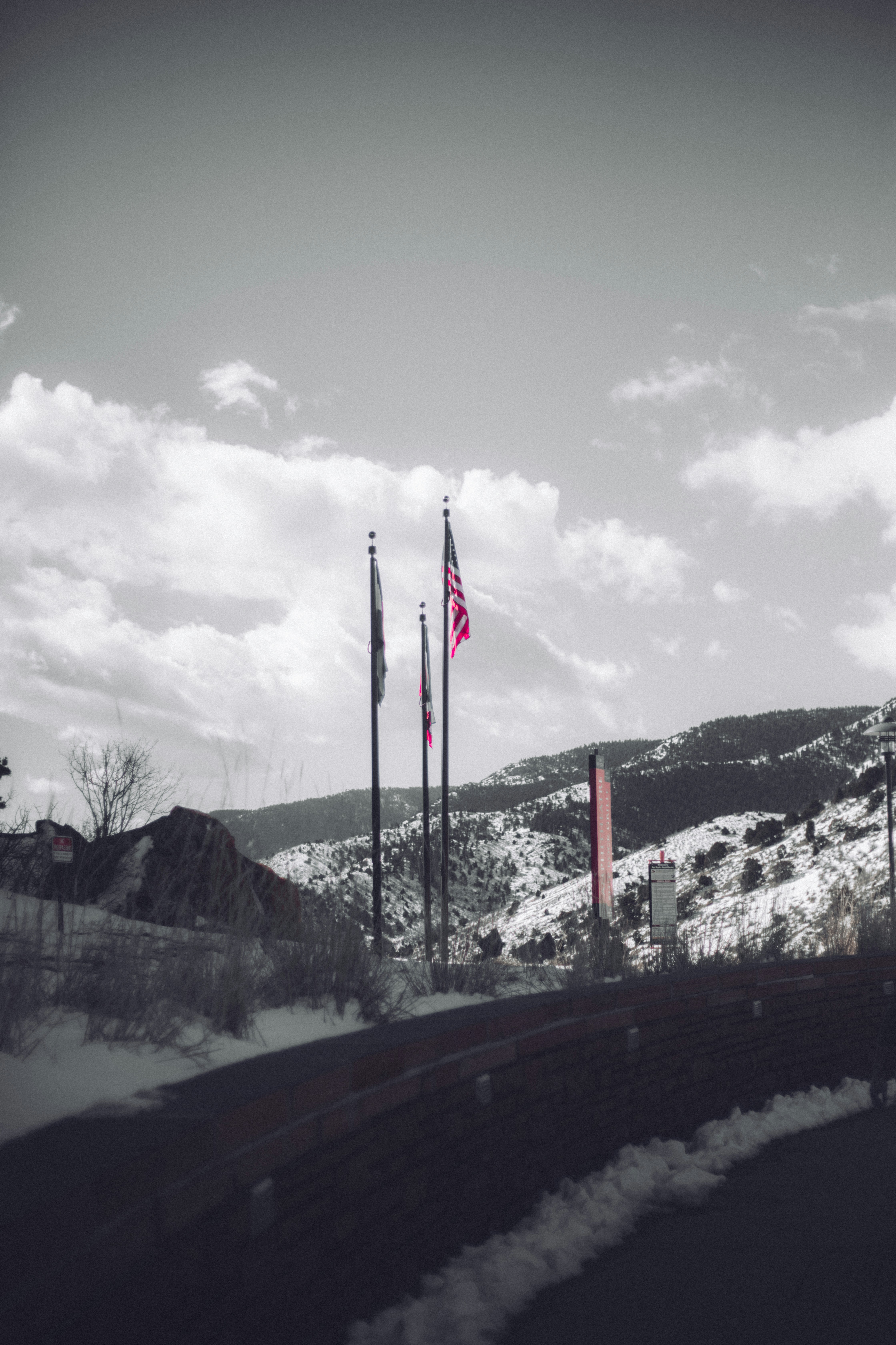 A black and white photo of flags in the snow photo – Free Grey Image on ...