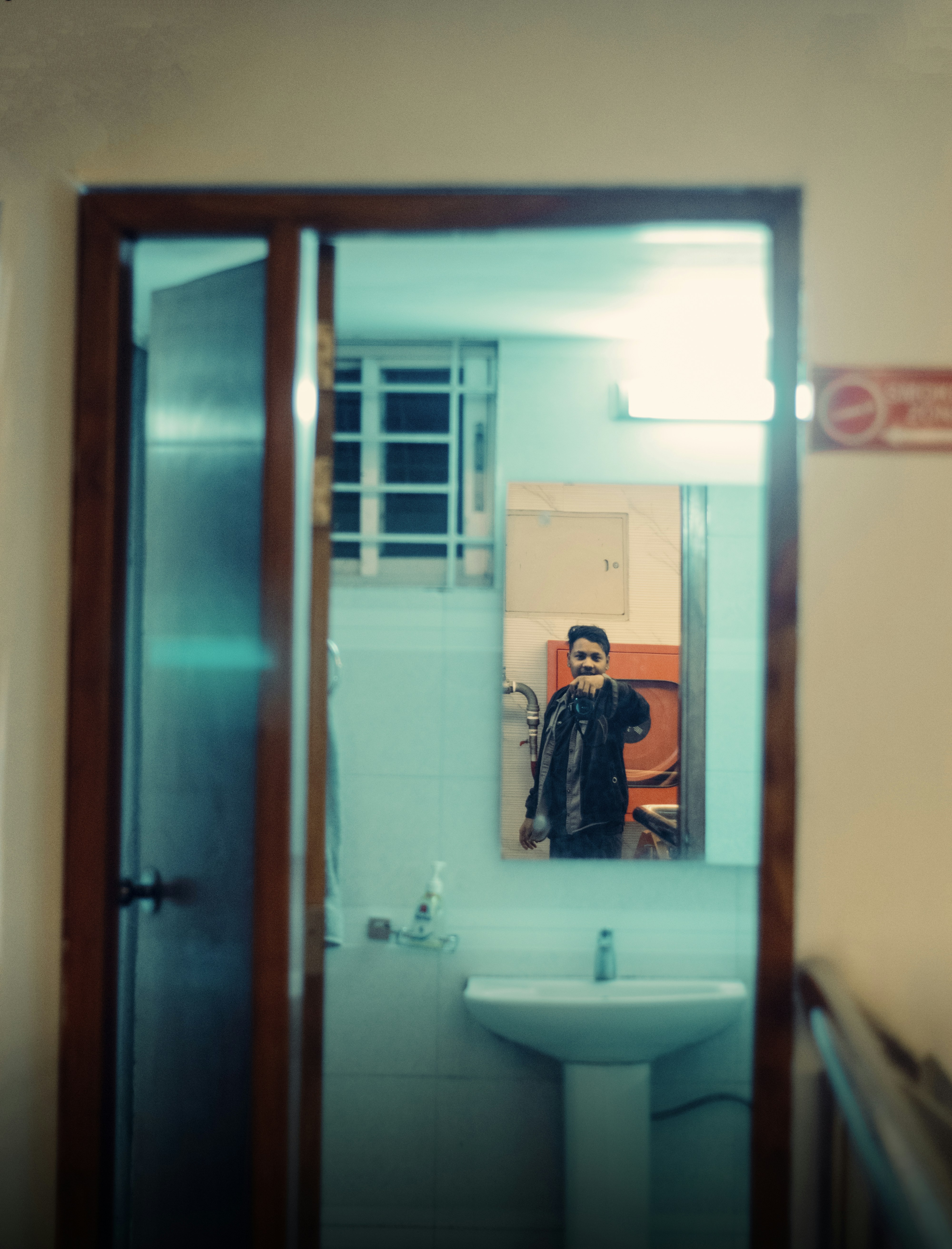 Teal Reflections: A Stranger Framed by the Bathroom Mirror