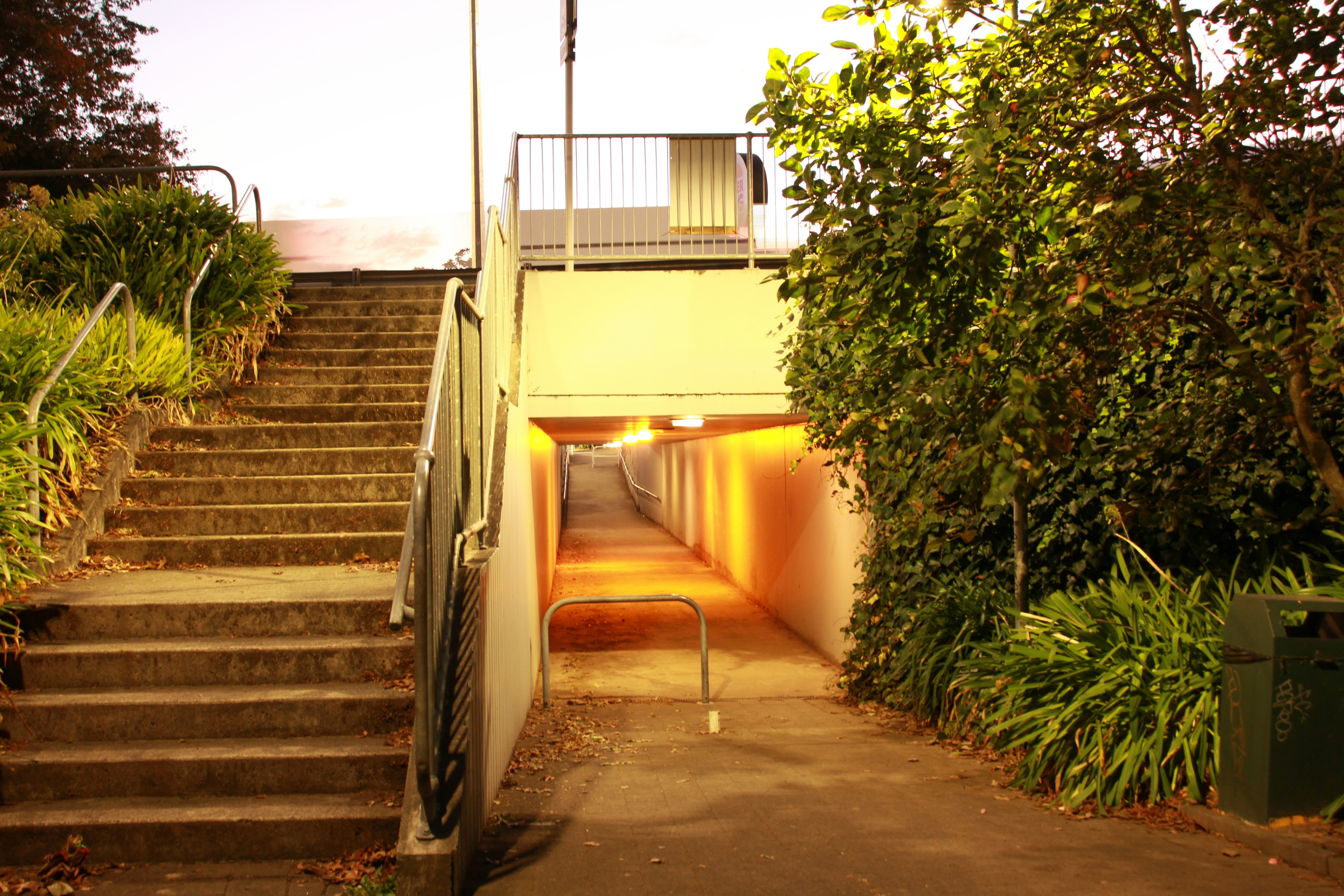 A well-lit tunnel emerges from a shadowy path, flanked by lush greenery and stairs leading up to a bright evening sky.