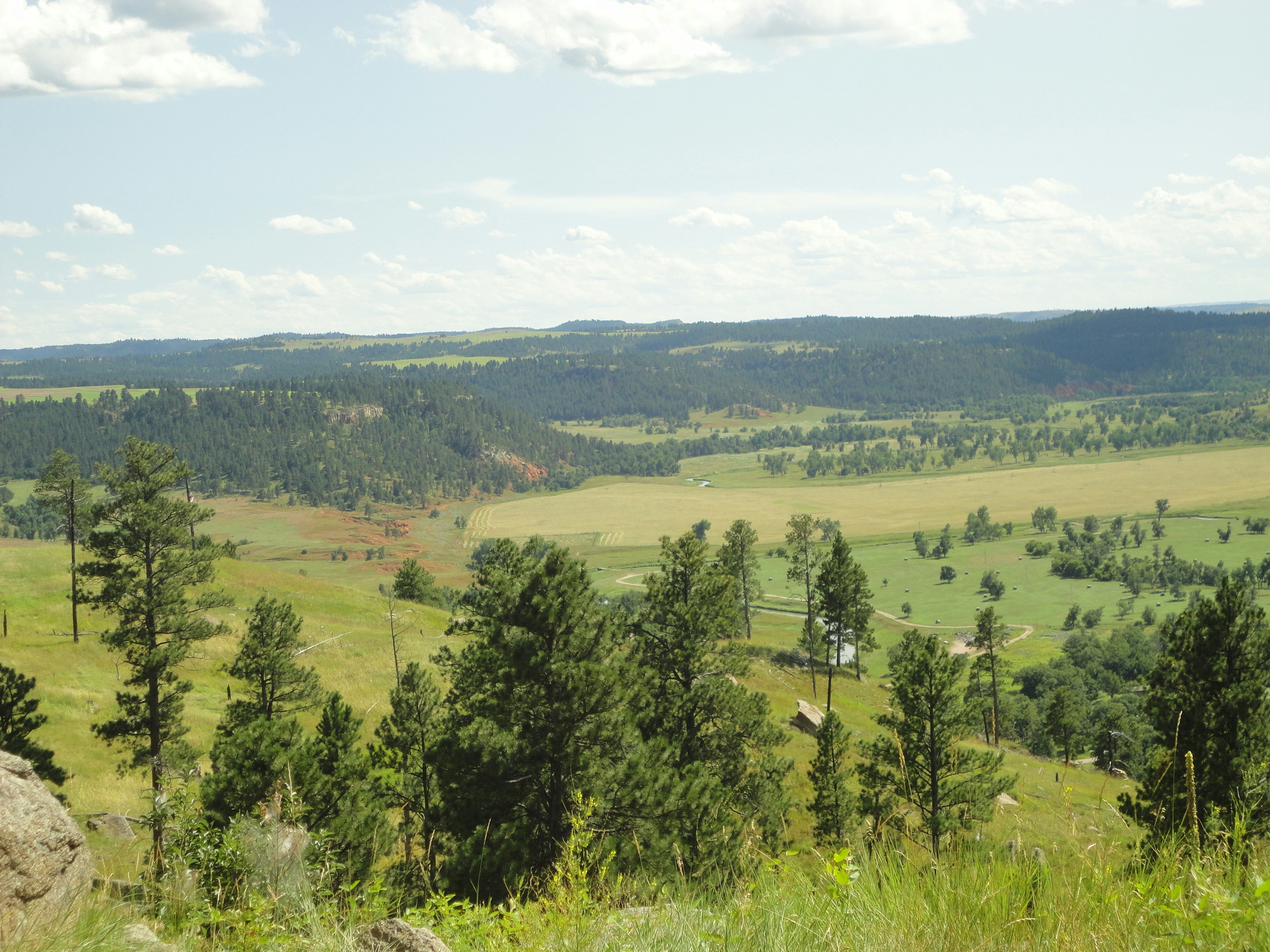 Expansive view of lush green valleys and rolling hills under a bright blue sky dotted with fluffy clouds.