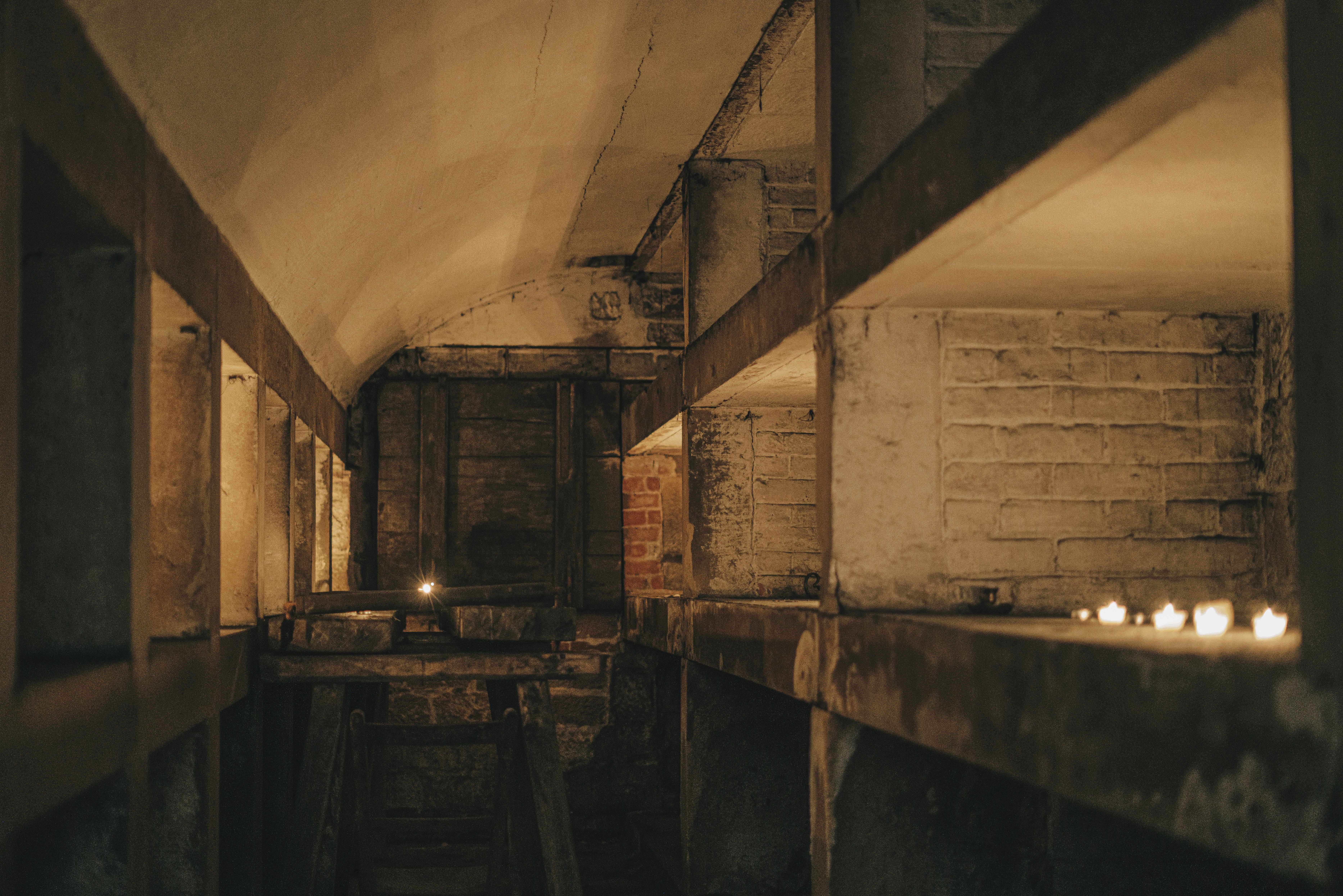 Dimly lit cellar with wooden shelves and flickering candles casting soft shadows on the walls.