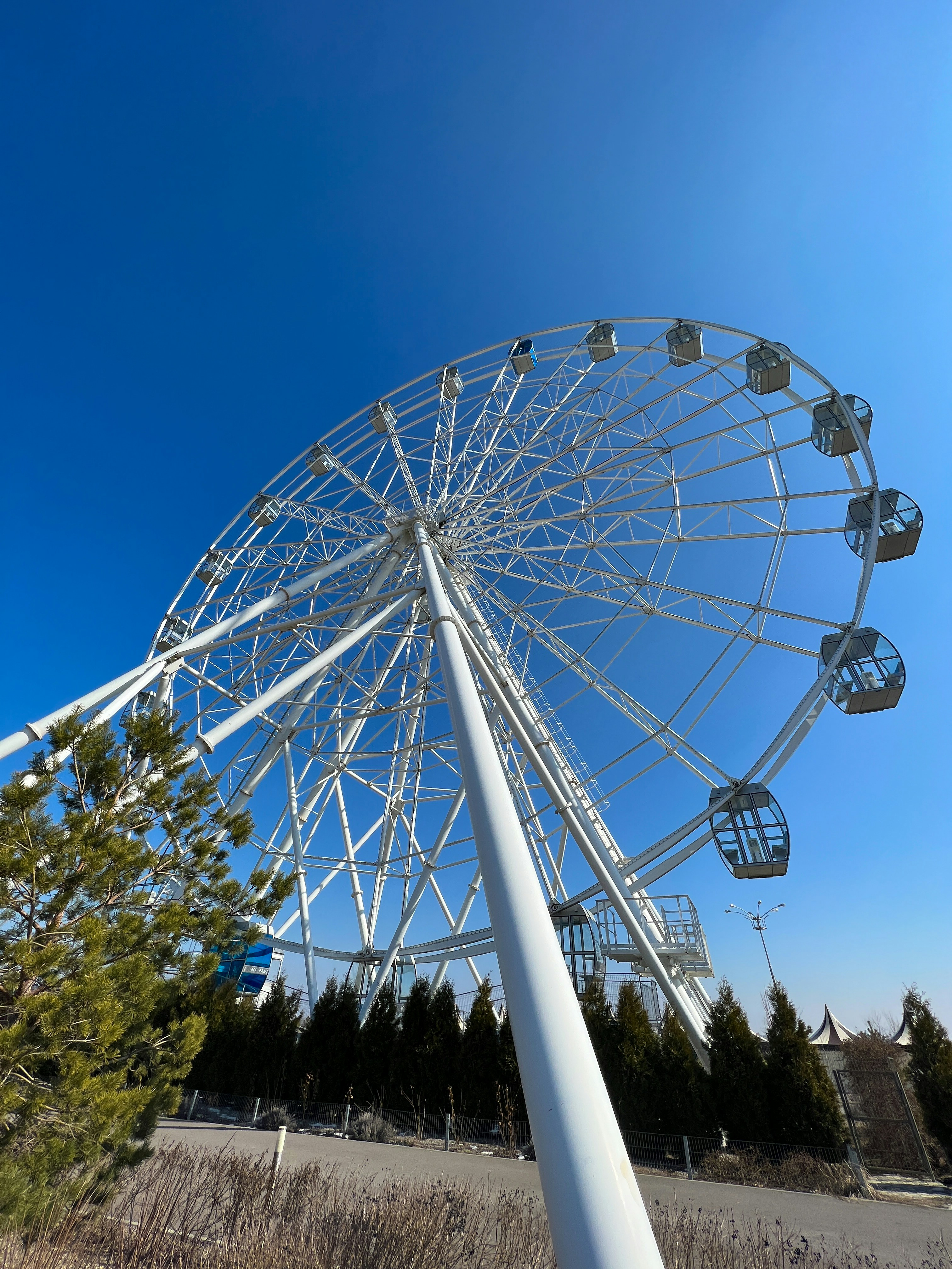 Azure Skyline Lattice: Low-Angle Portrait of a Ferris Wheel