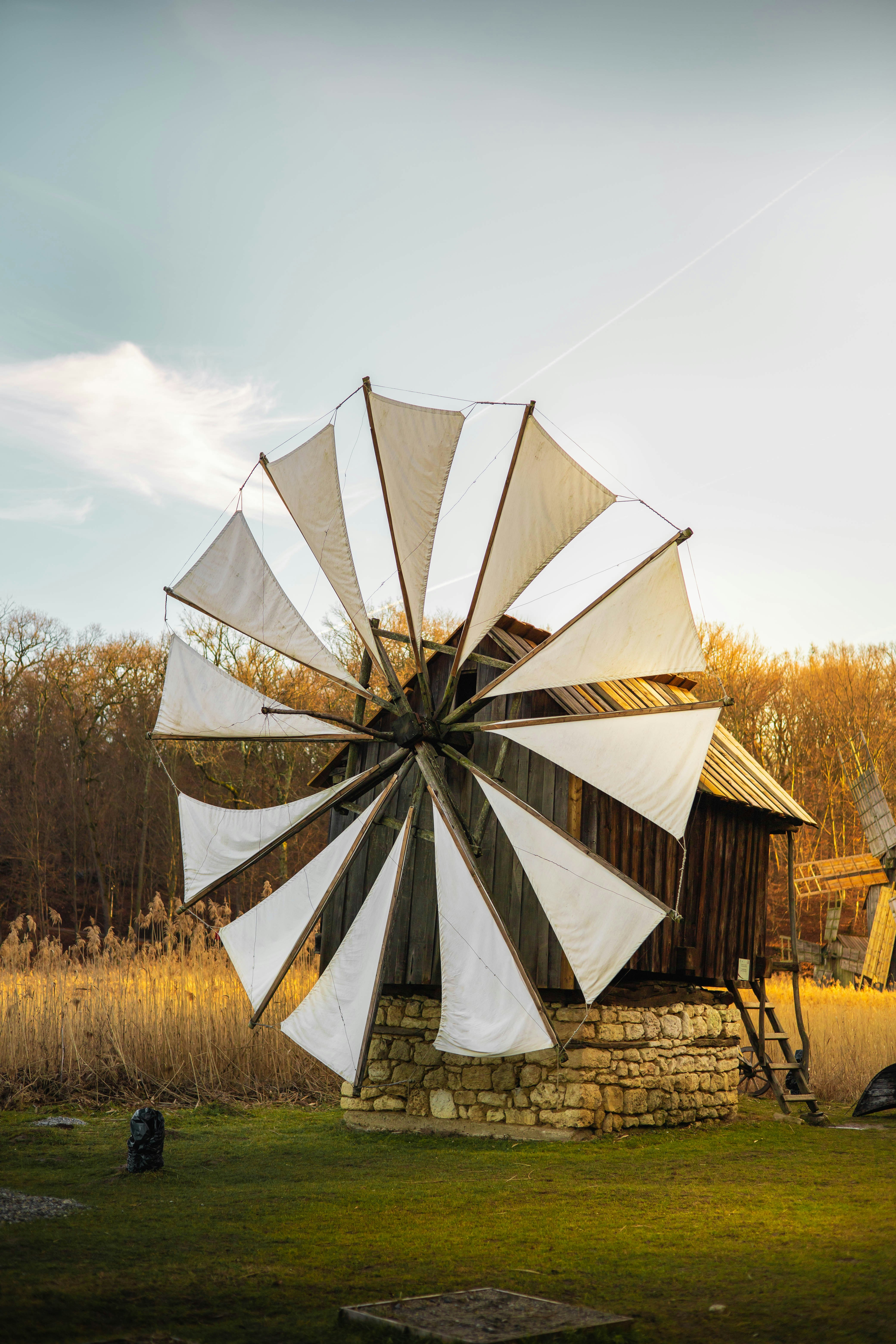 Historic windmill with large, white sails set against a serene landscape of reeds and trees. The structure showcases traditional craftsmanship.