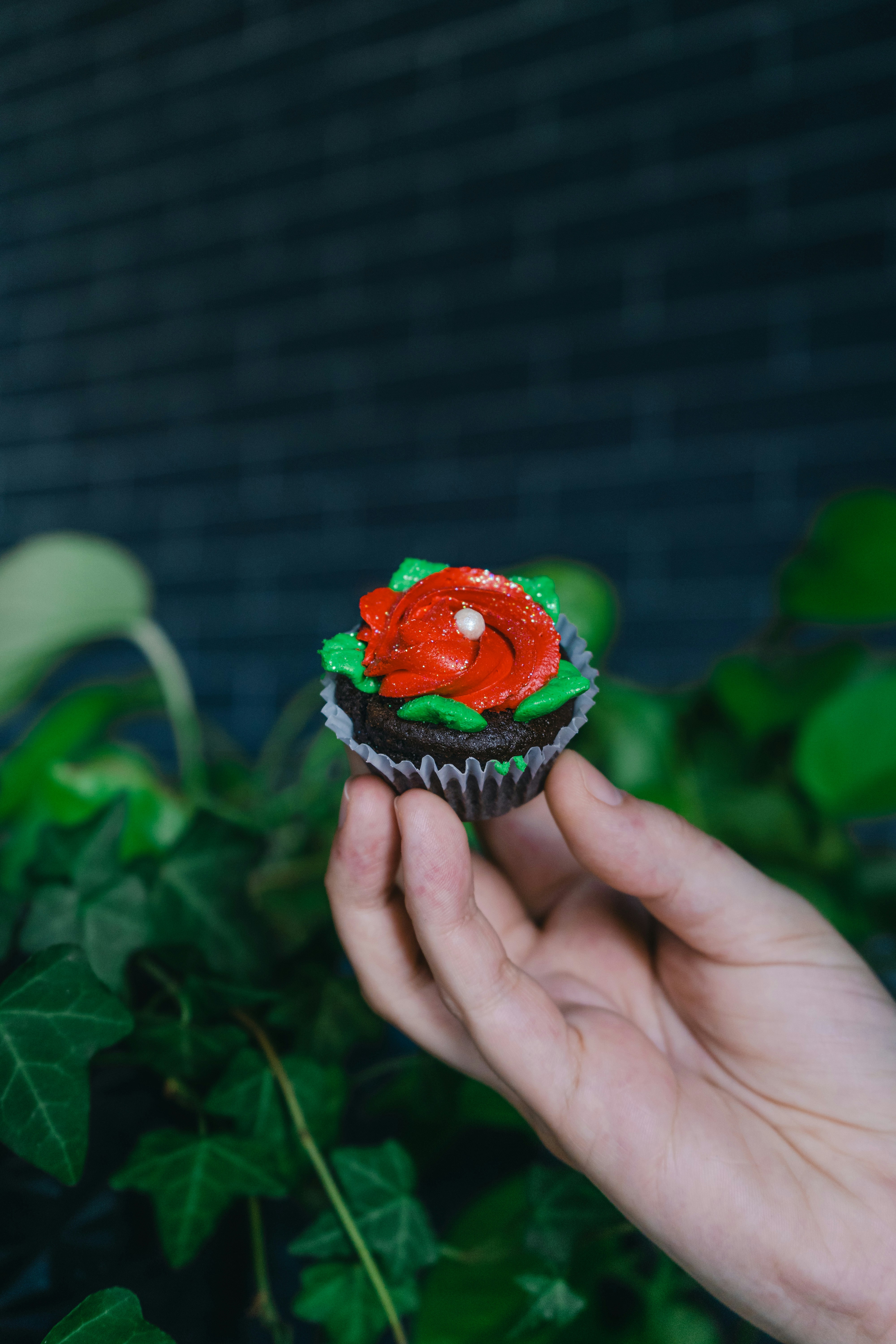 Sweet Gesture: Handholding a Red Rose Cupcake Against Ivy