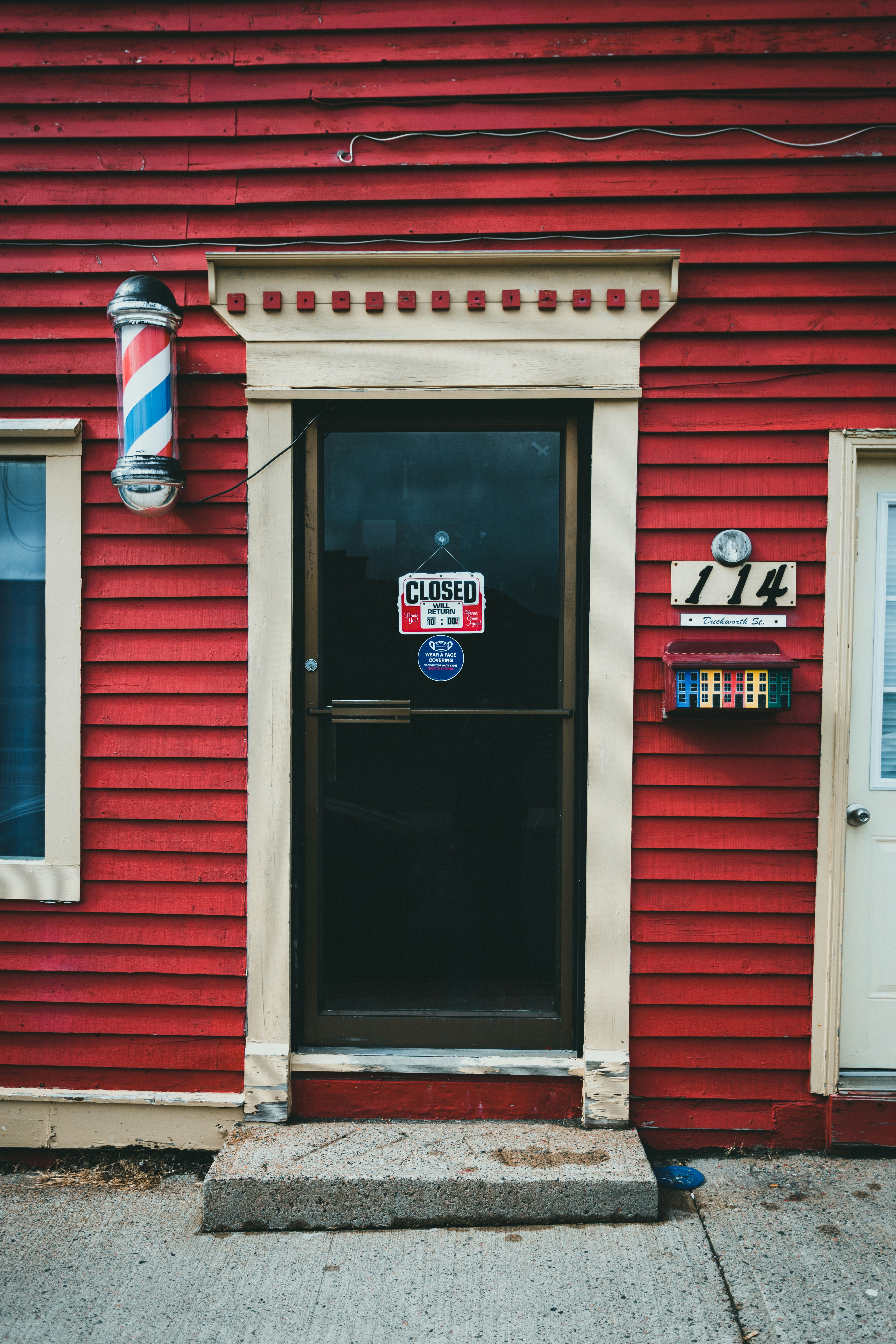 Red Front Door: Closed Sign and Vintage Barber Shop Aesthetic