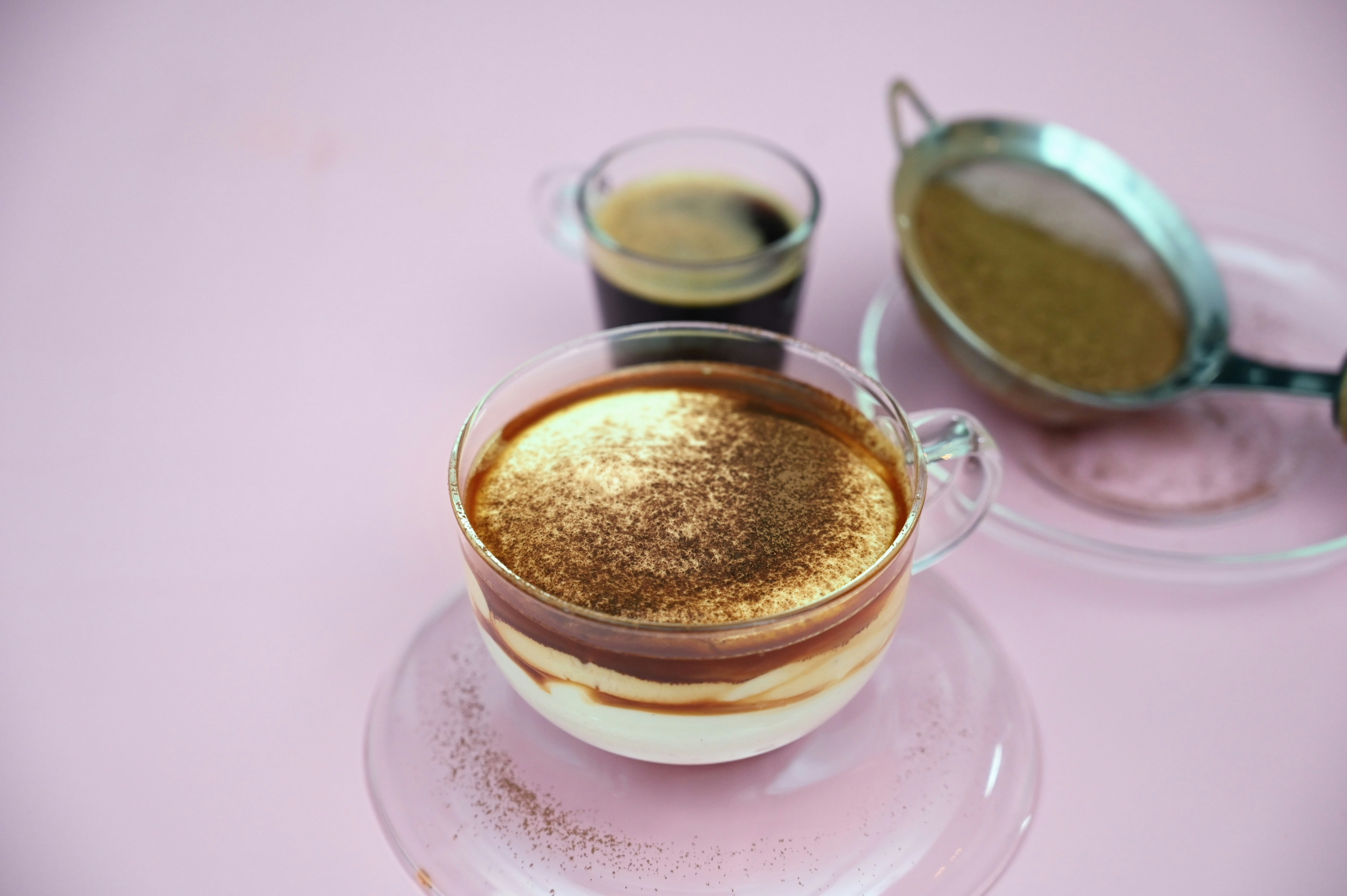 Layered Espresso Dream: A Pink Studio Moment with Cocoa Topping