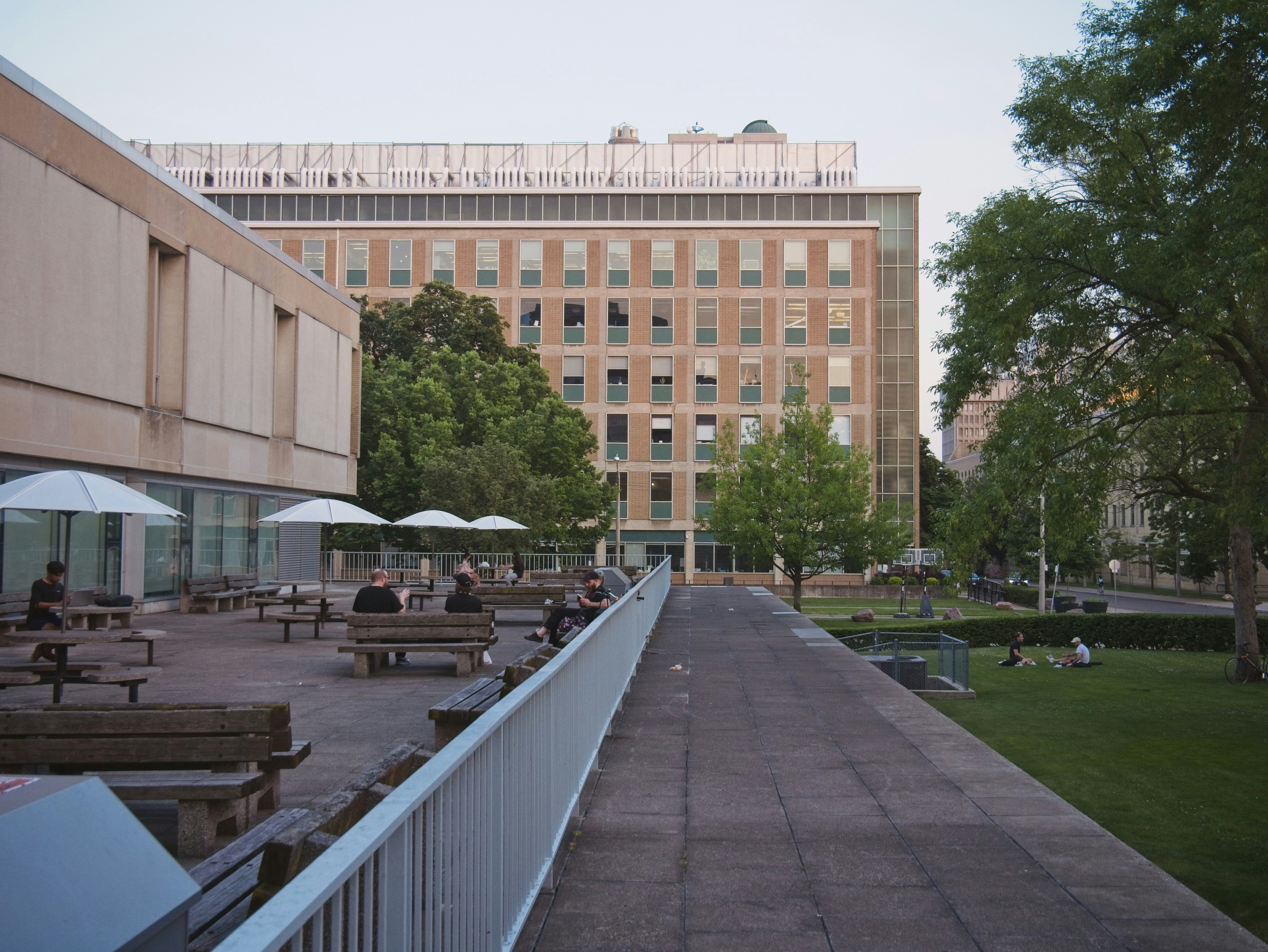A group of people sitting on benches in a park photo – Free Toronto ...