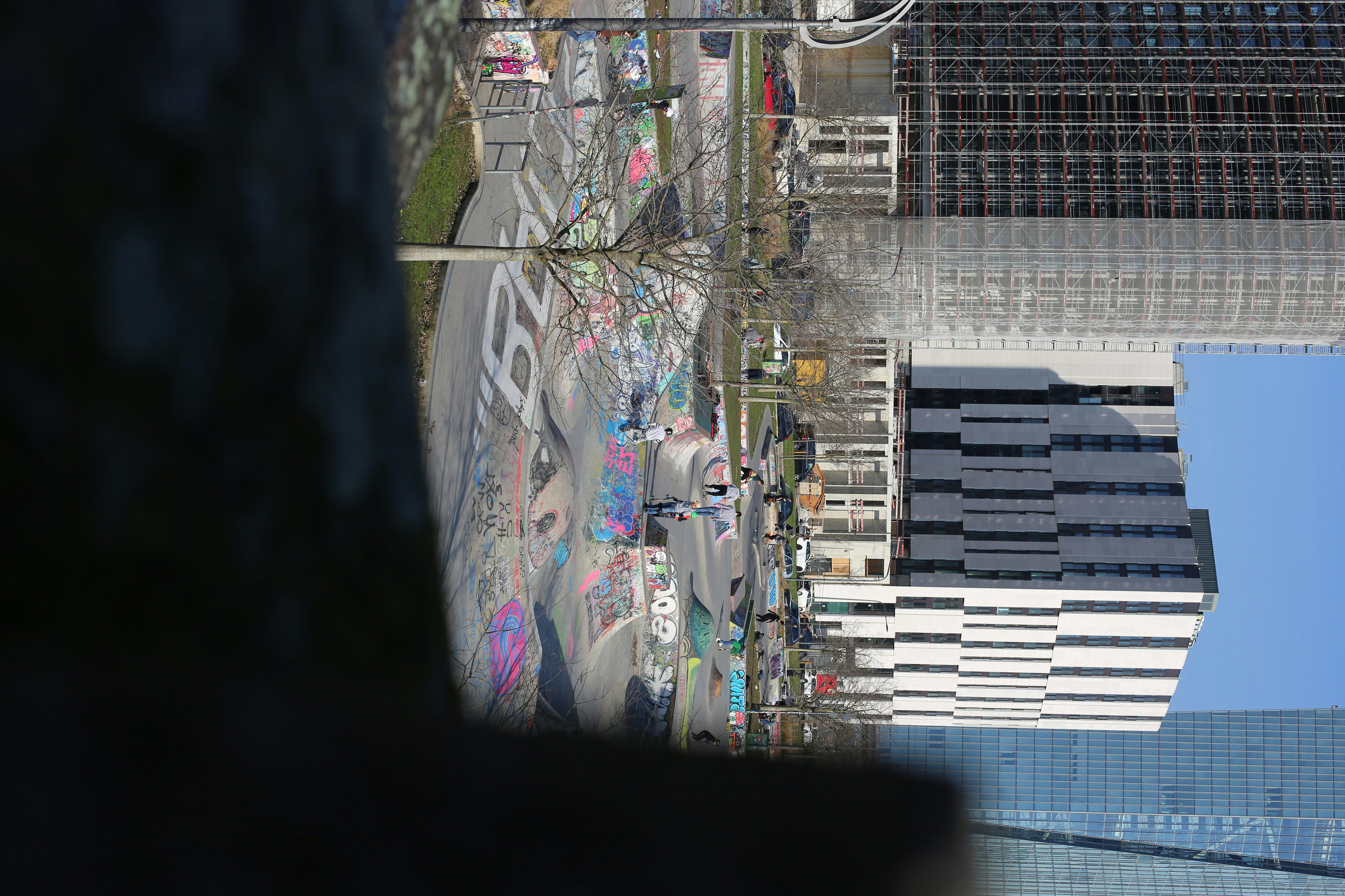 a view of a skate park in a city