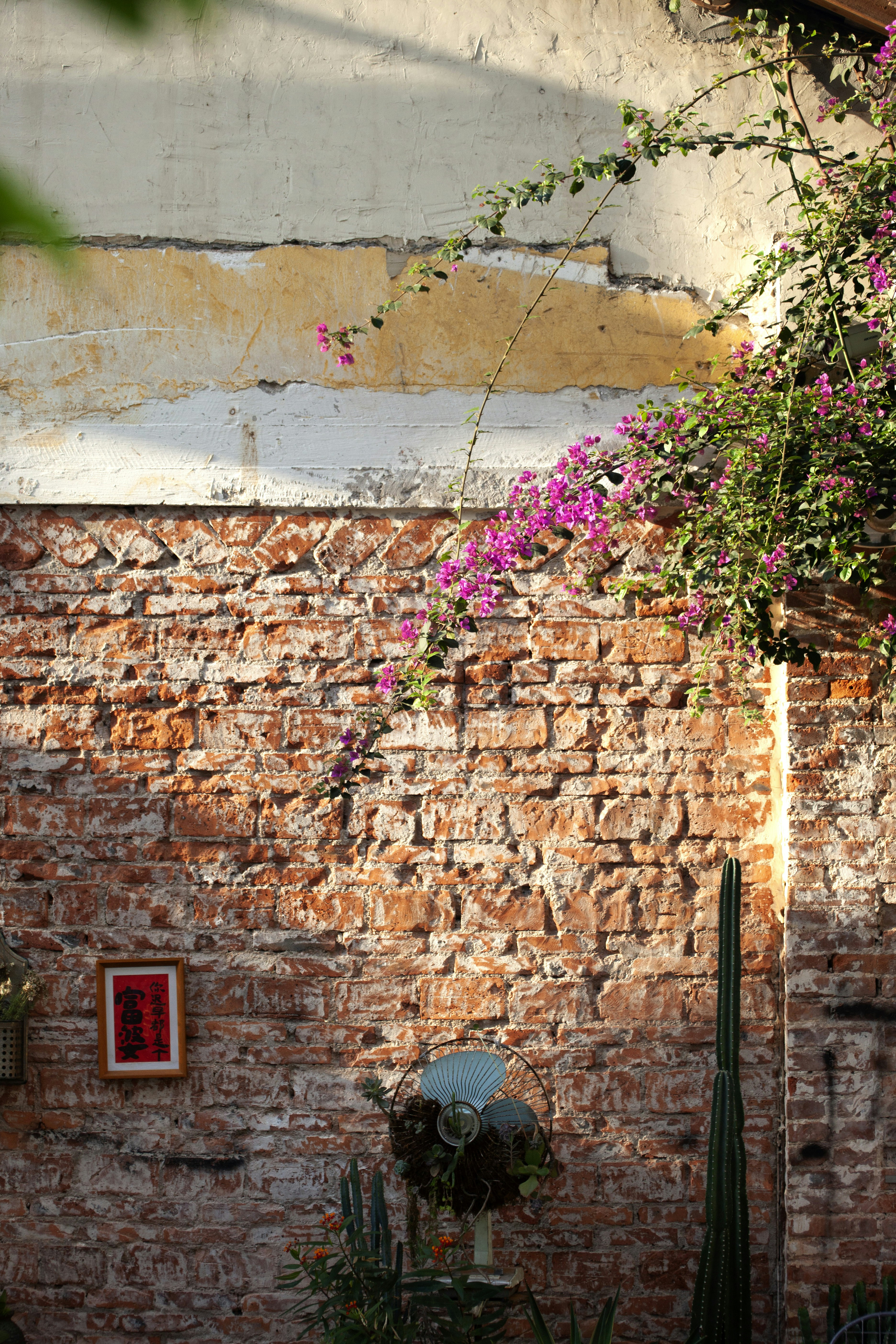 a brick wall with a mirror and potted plants