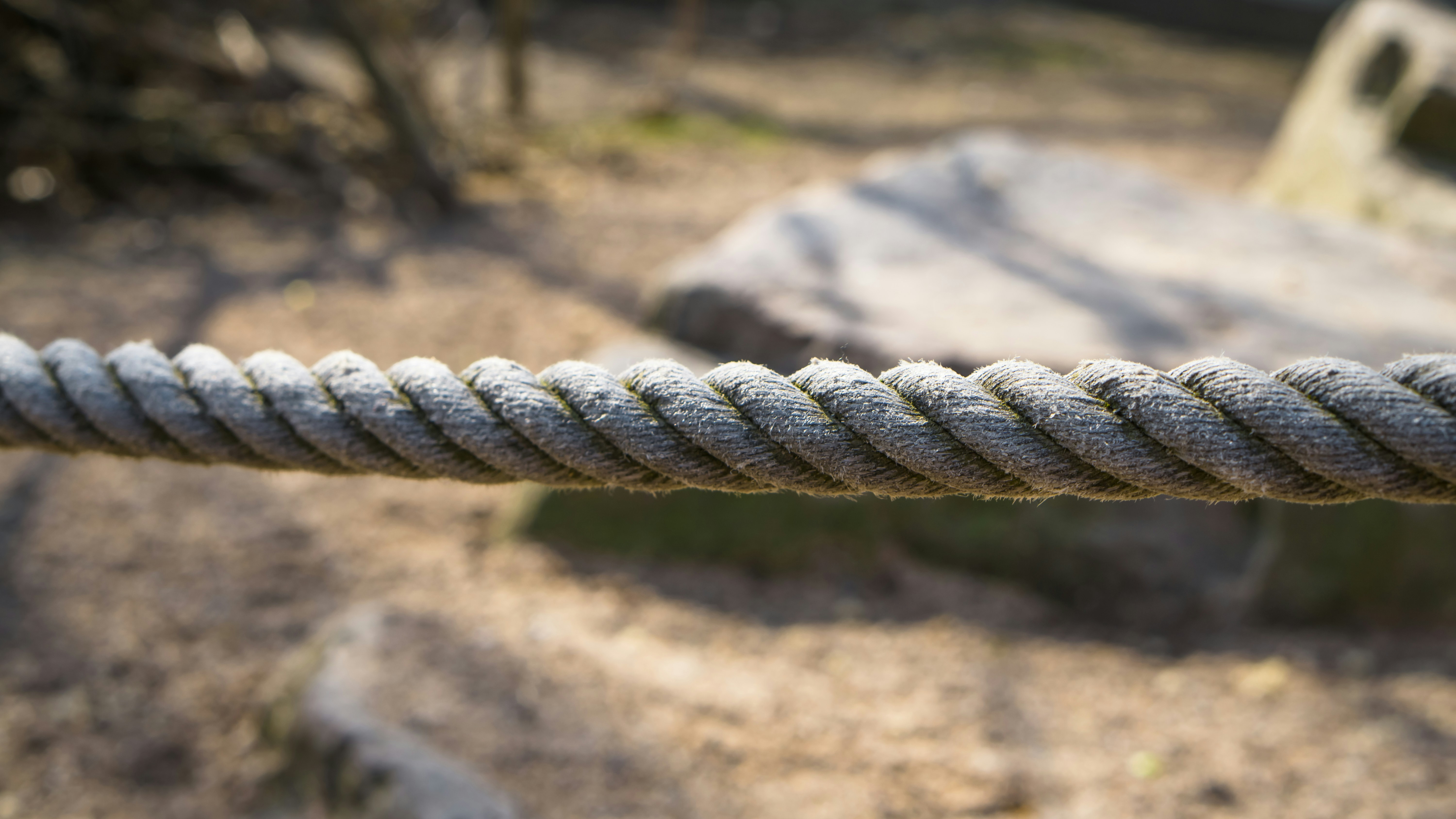 Close-up of a weathered rope with a blurred natural background in soft sunlight.
