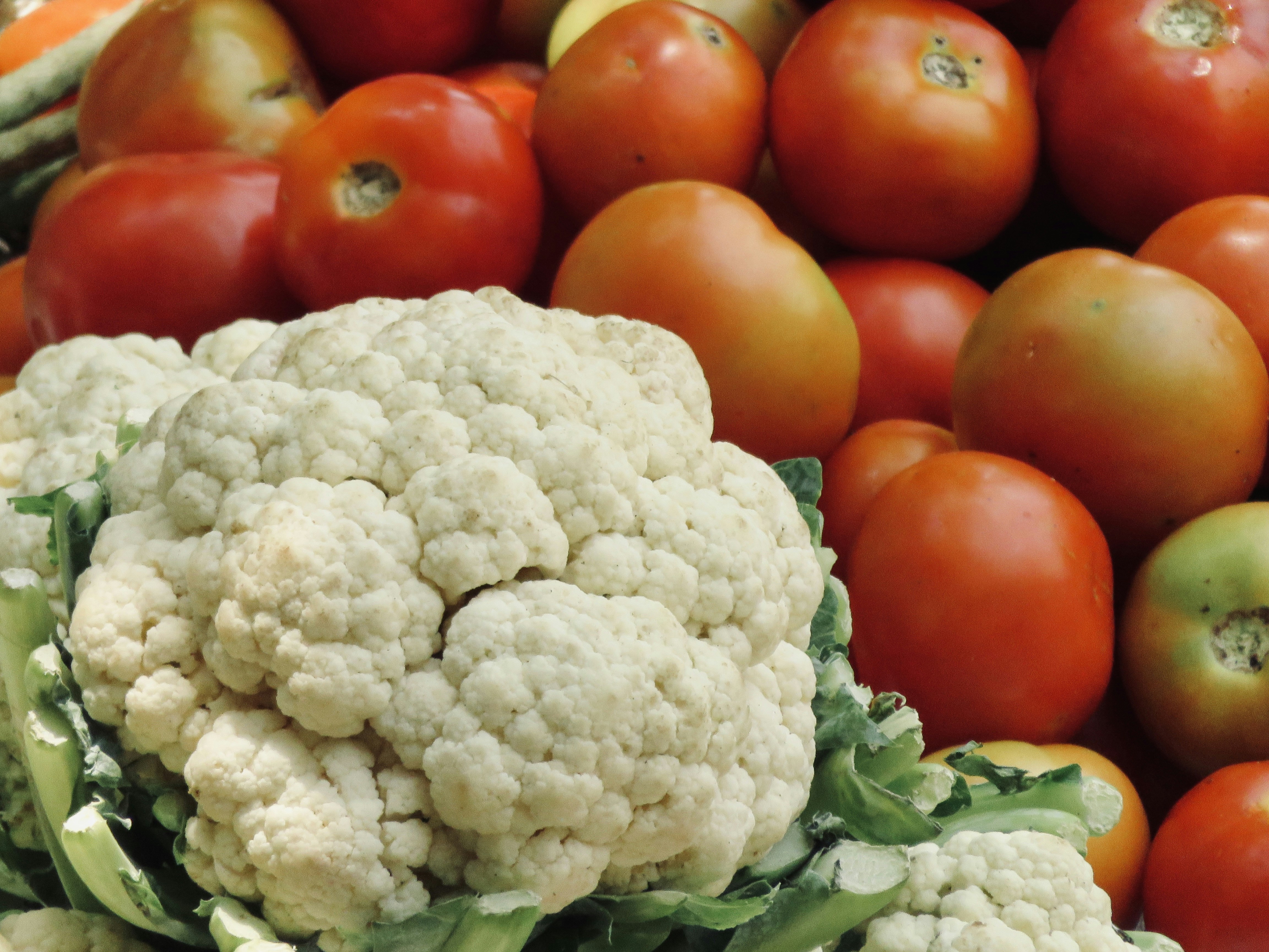 Fresh tomatoes paired with a vibrant cauliflower head.