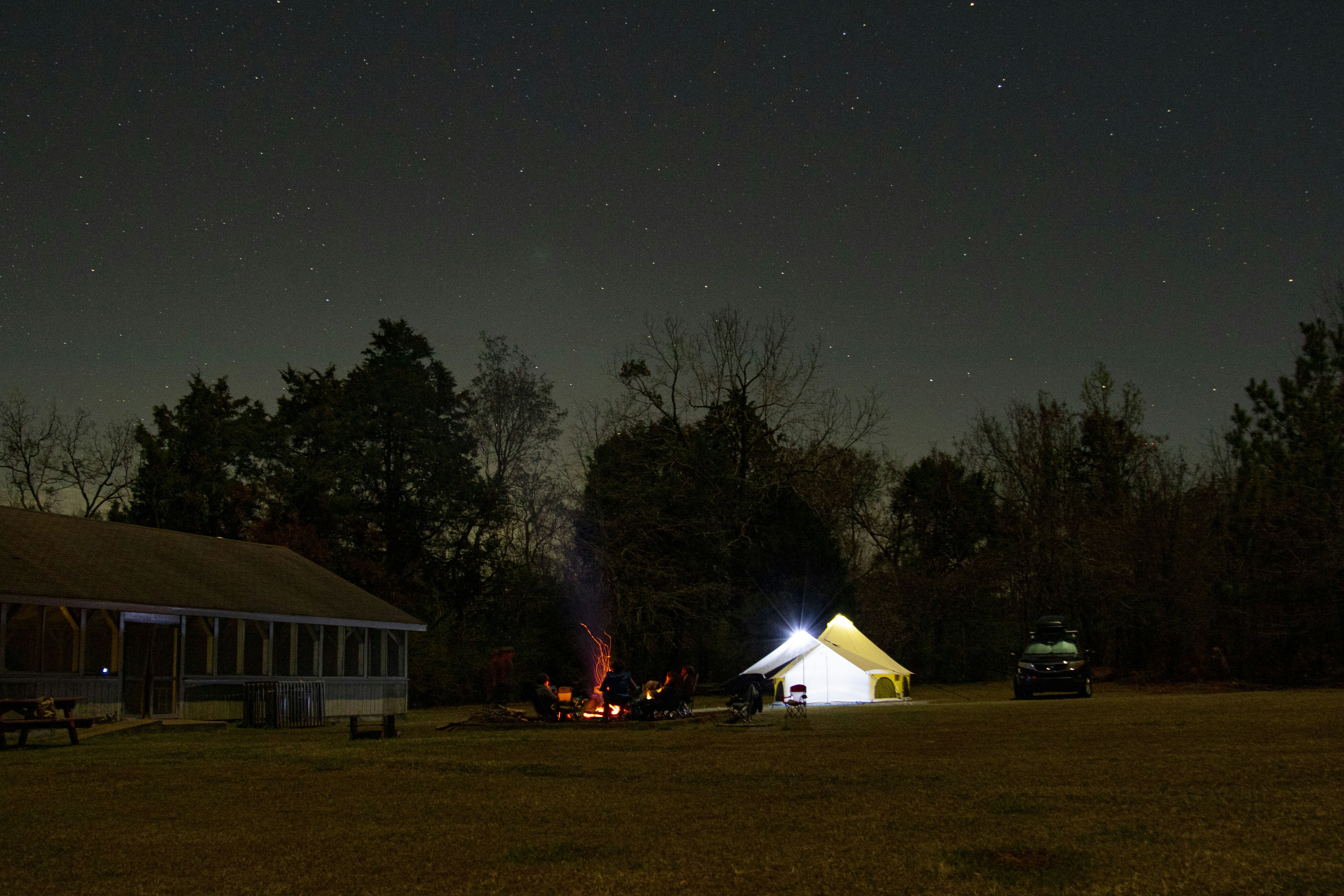 Lantern-lit Tent Glow Beneath a Starry Night at the Campsite