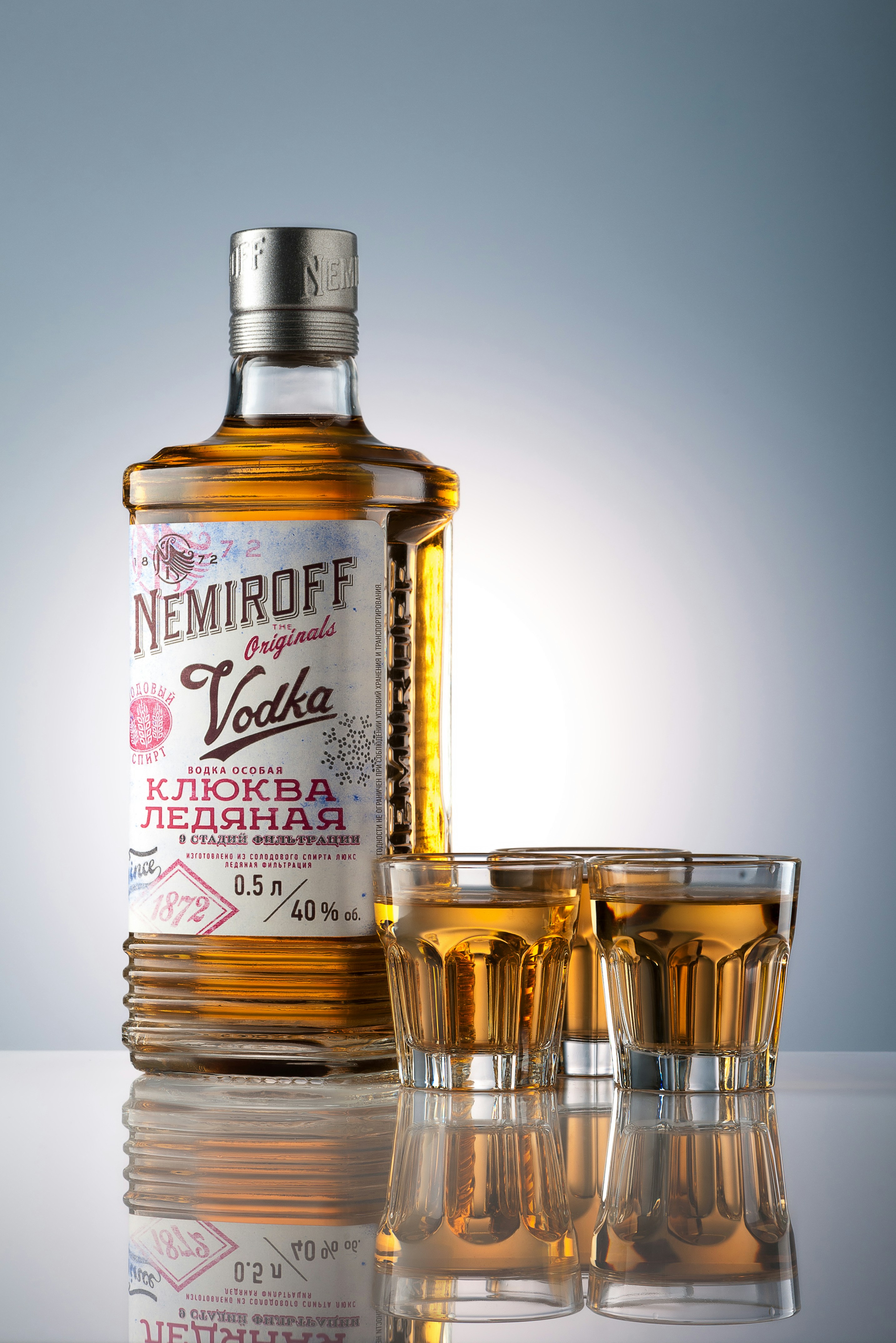 Amber Focus: Nemiroff Vodka and Glasses on a Reflective Stage