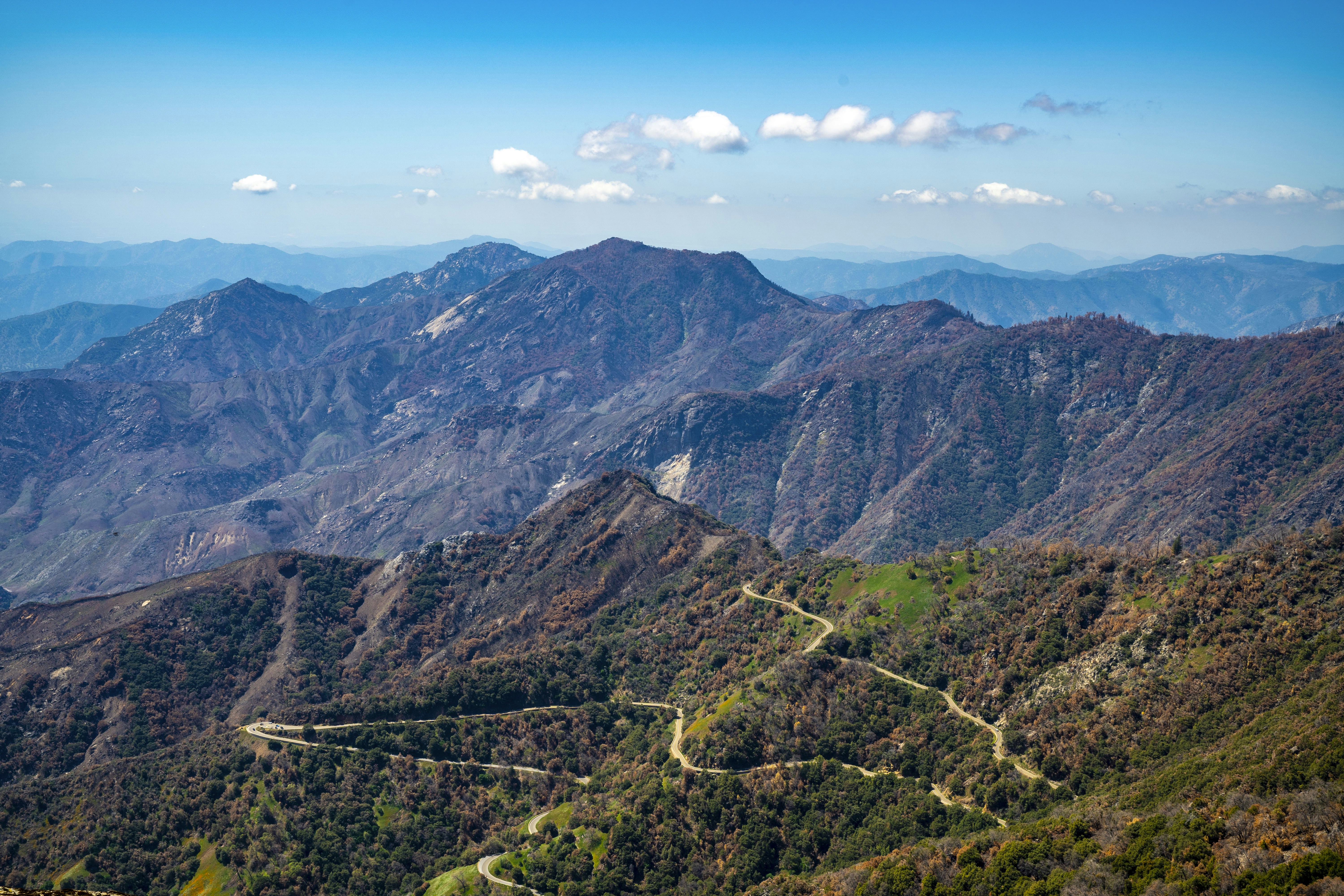 Winding roads snake through the rugged terrain of Sequoia National Park under a clear blue sky.