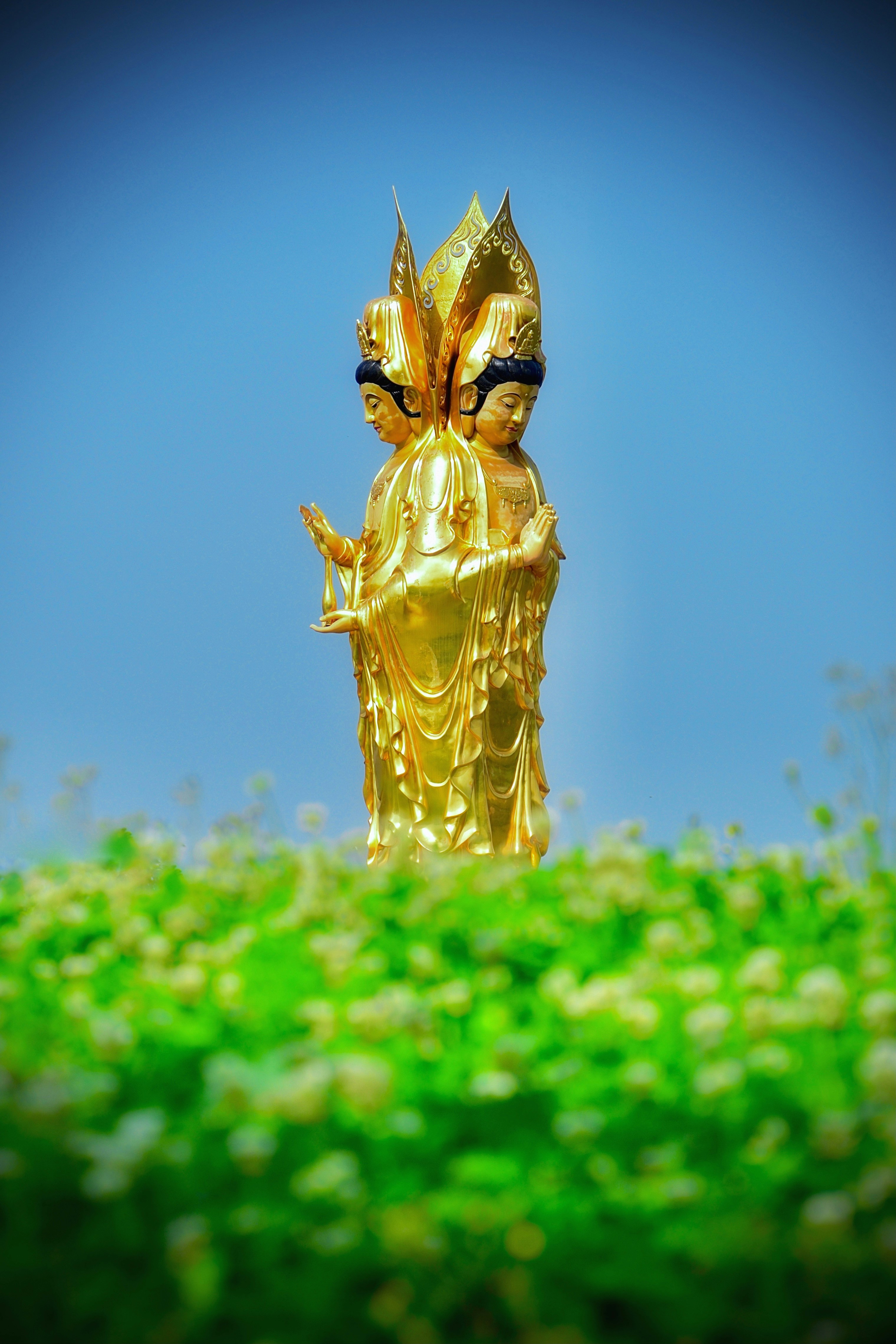 Golden Guardians: A Twin-Form Sculpture Standing Tall in Blooming Fields