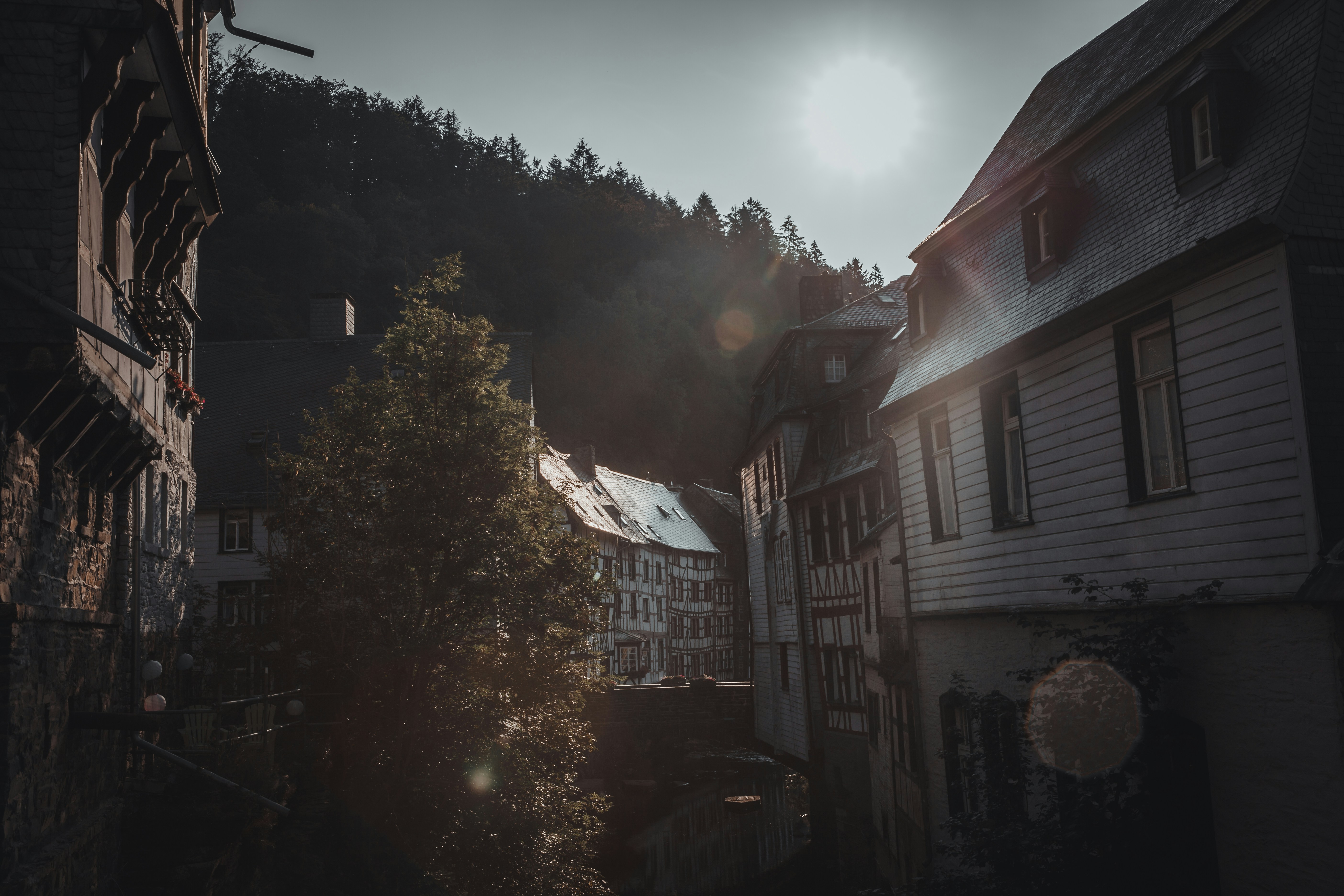 Sunlit alley framed by buildings and foliage, with a distant forested hill under a bright sky.