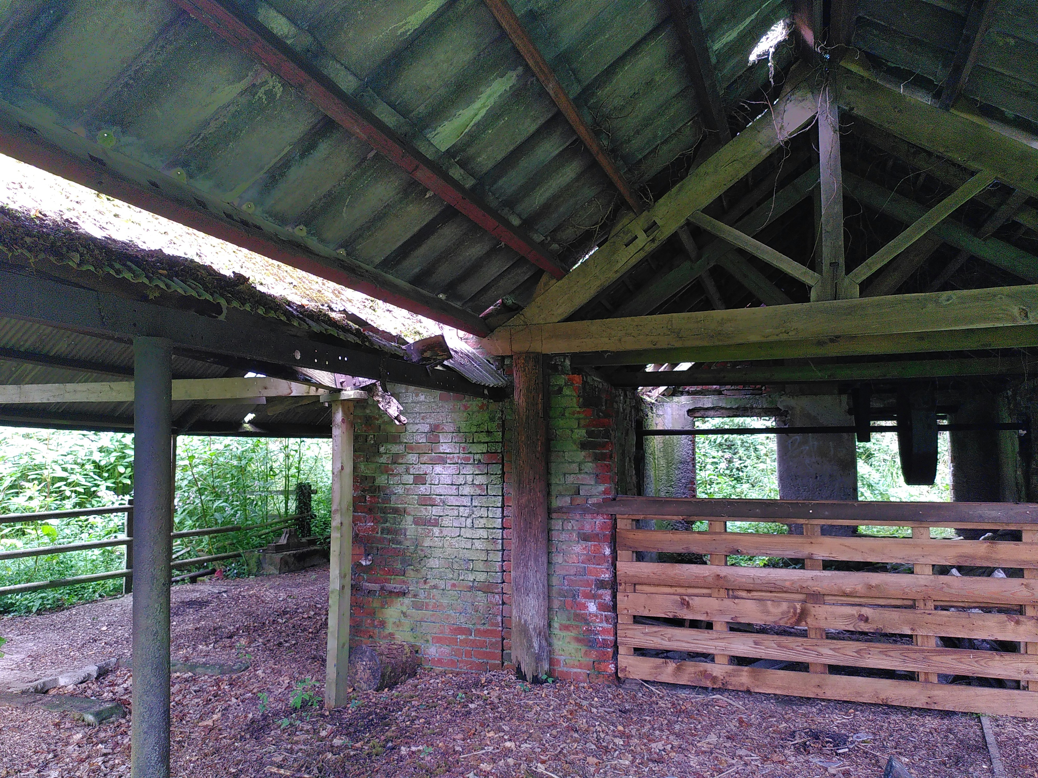 Abandoned barn interior showcasing rustic wooden beams and overgrown surroundings, hinting at a once-bustling farm life.