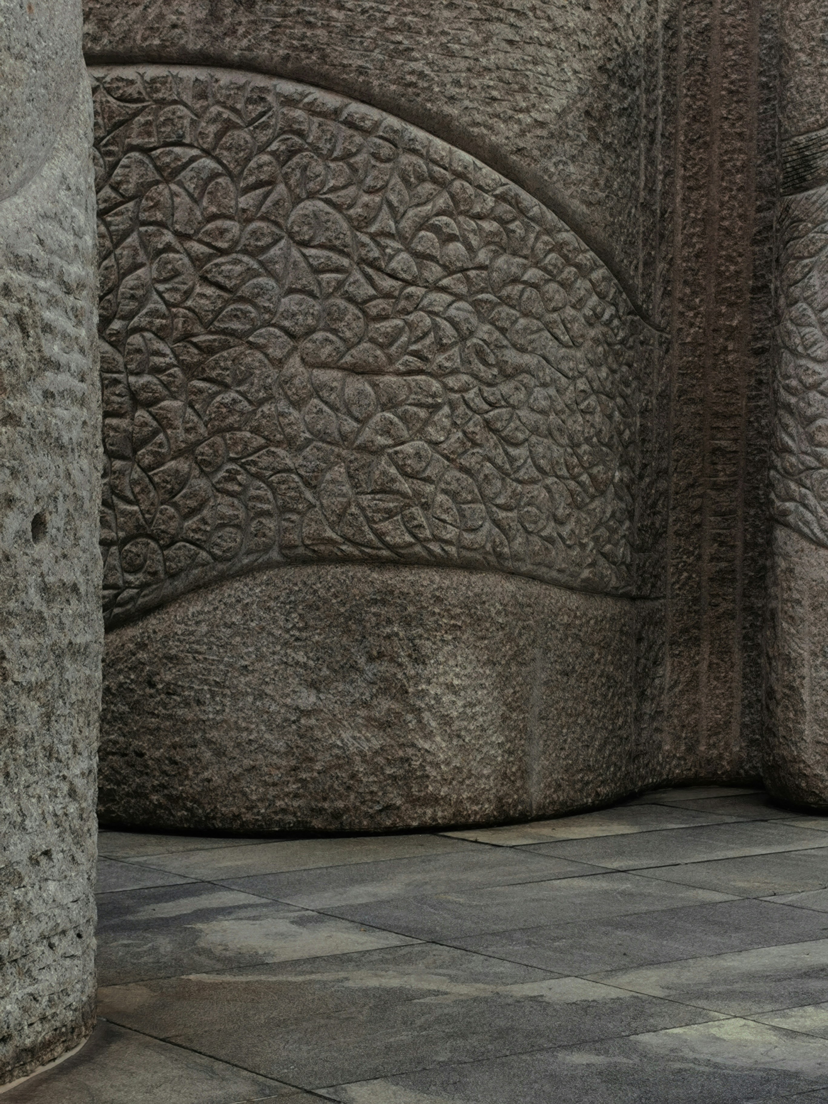 Concentric Stone Carving at the Corner: Texture and Shadow in a Quiet Nook