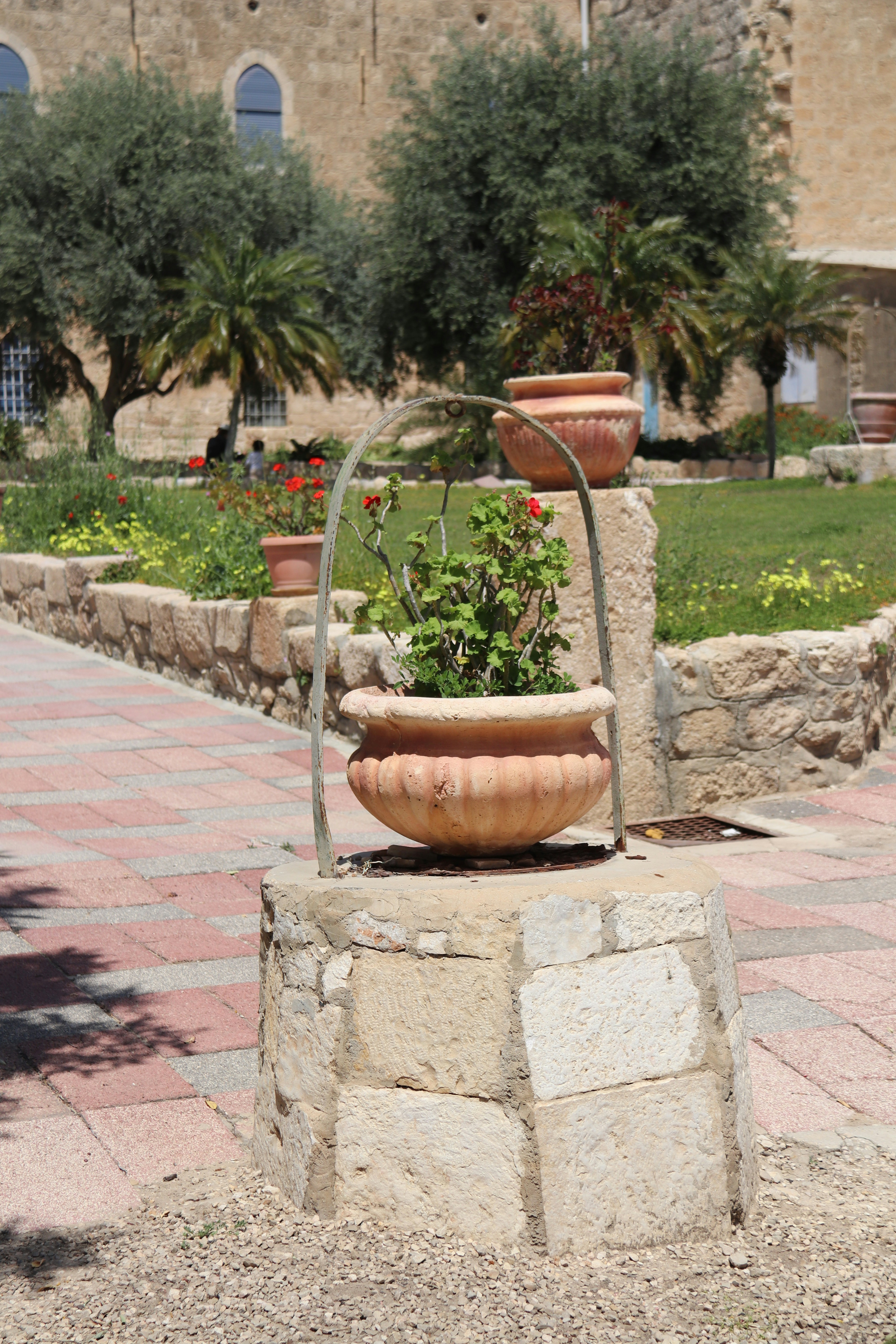a potted planter sitting on top of a stone wall