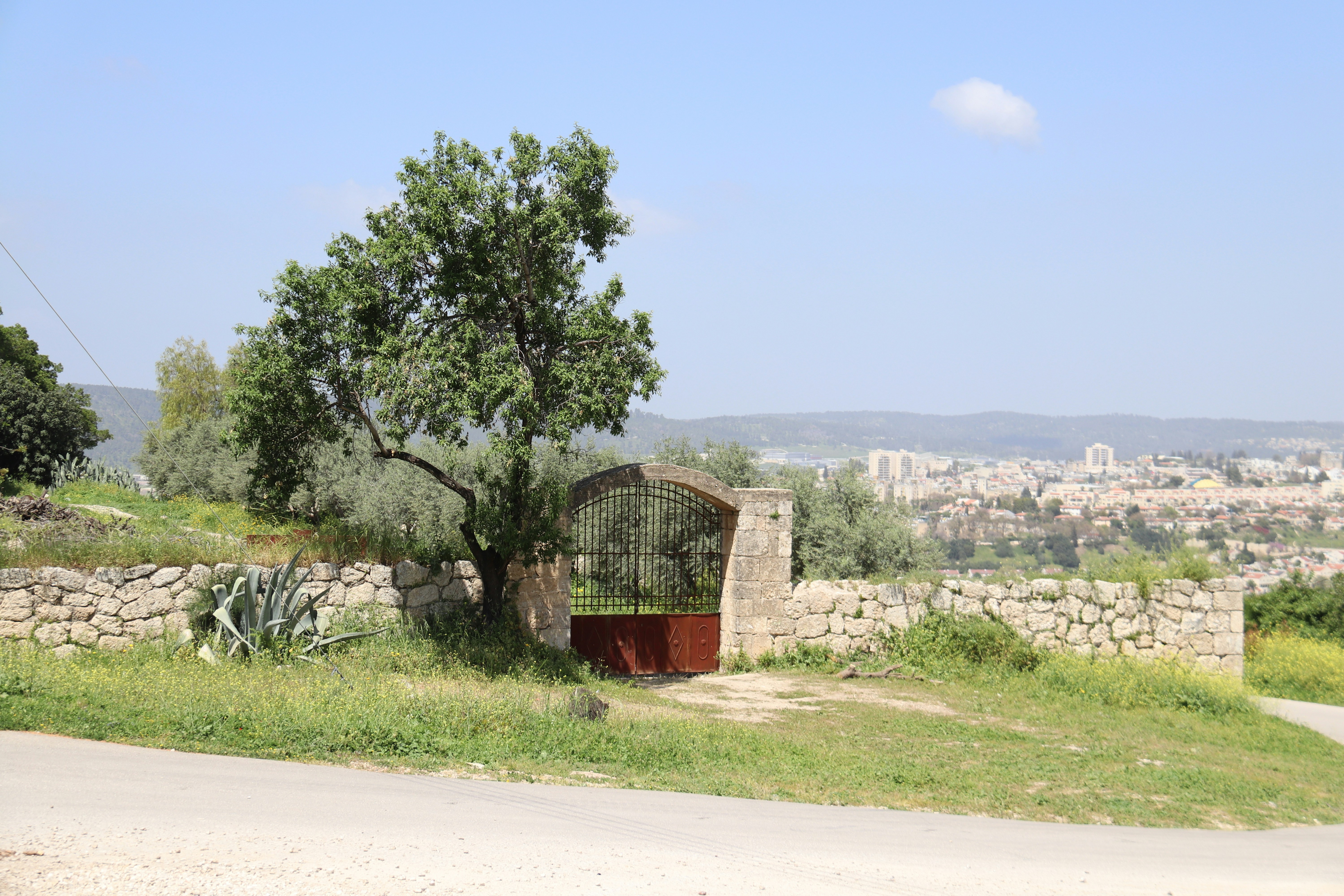 Foto Una puerta en medio de un campo con una ciudad al fondo – Imagen ...