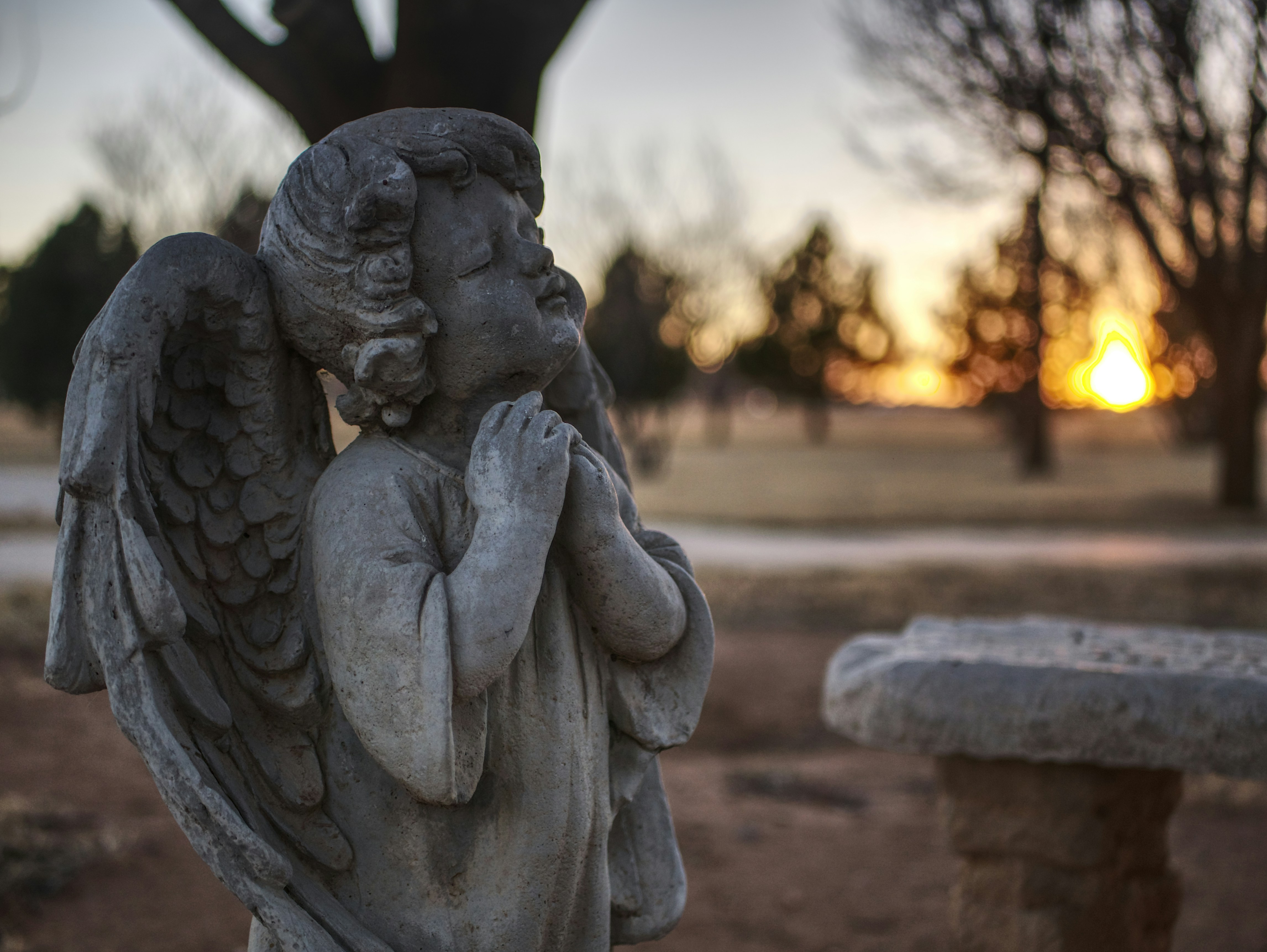 Stone angel statue with clasped hands in a tranquil garden at sunset.