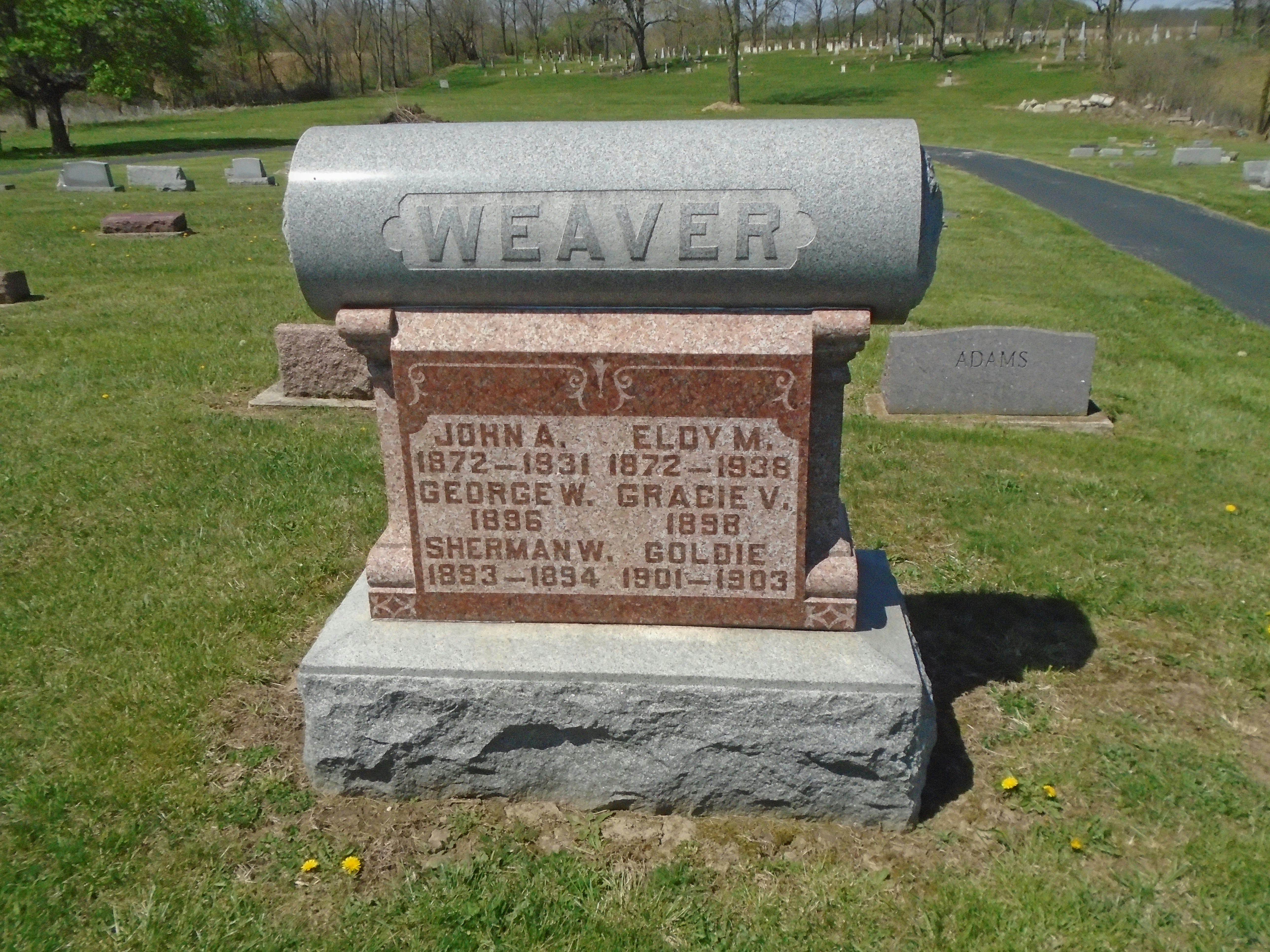 Photograph of a granite headstone with a rounded top engraved WEAVER, set in a sunlit cemetery among scattered markers. The composition emphasizes the monument against green grass and a distant path.