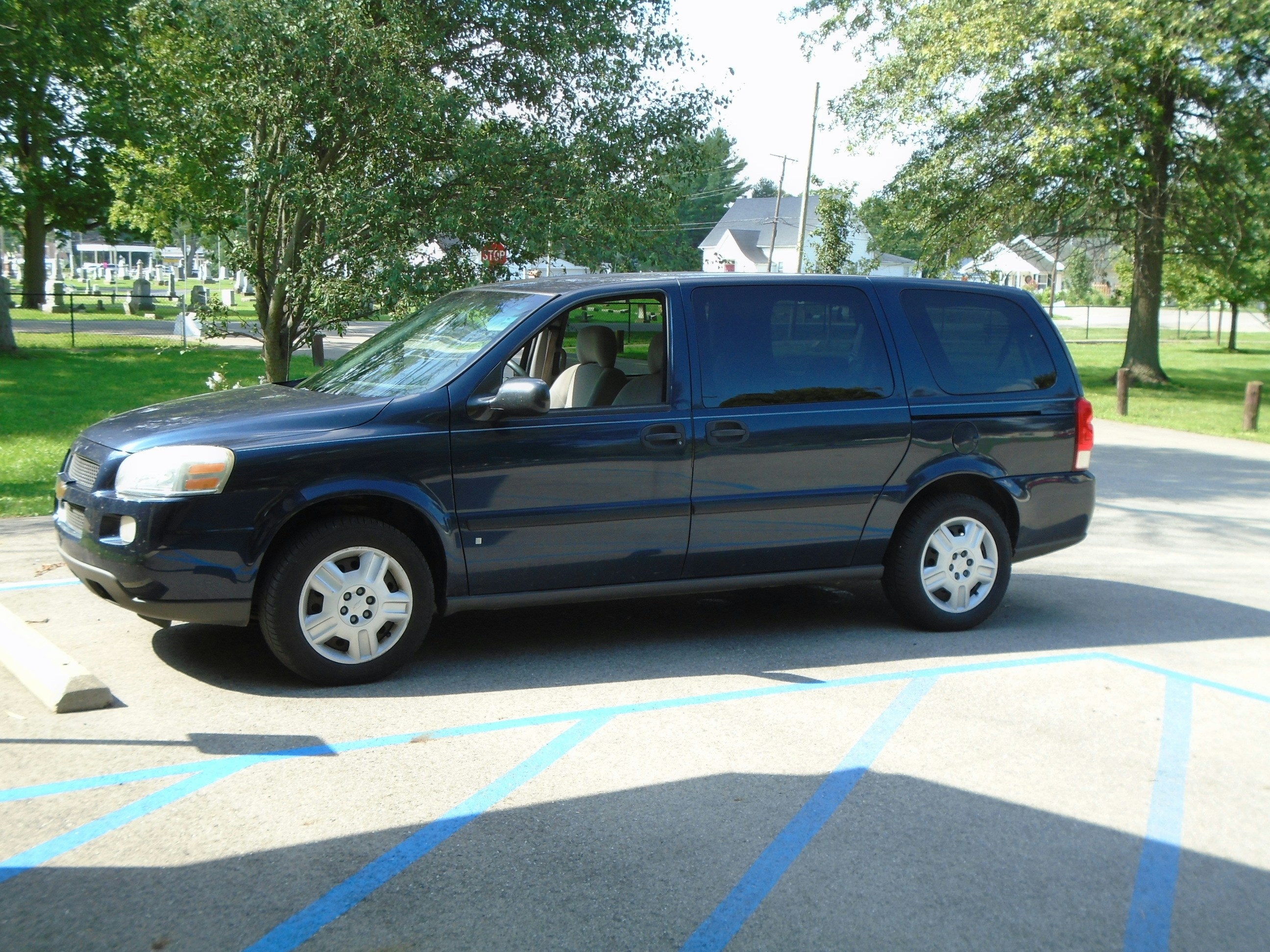 A blue minivan parked in a sunny park, surrounded by green trees and grass. The vehicle is positioned in a designated parking area.
