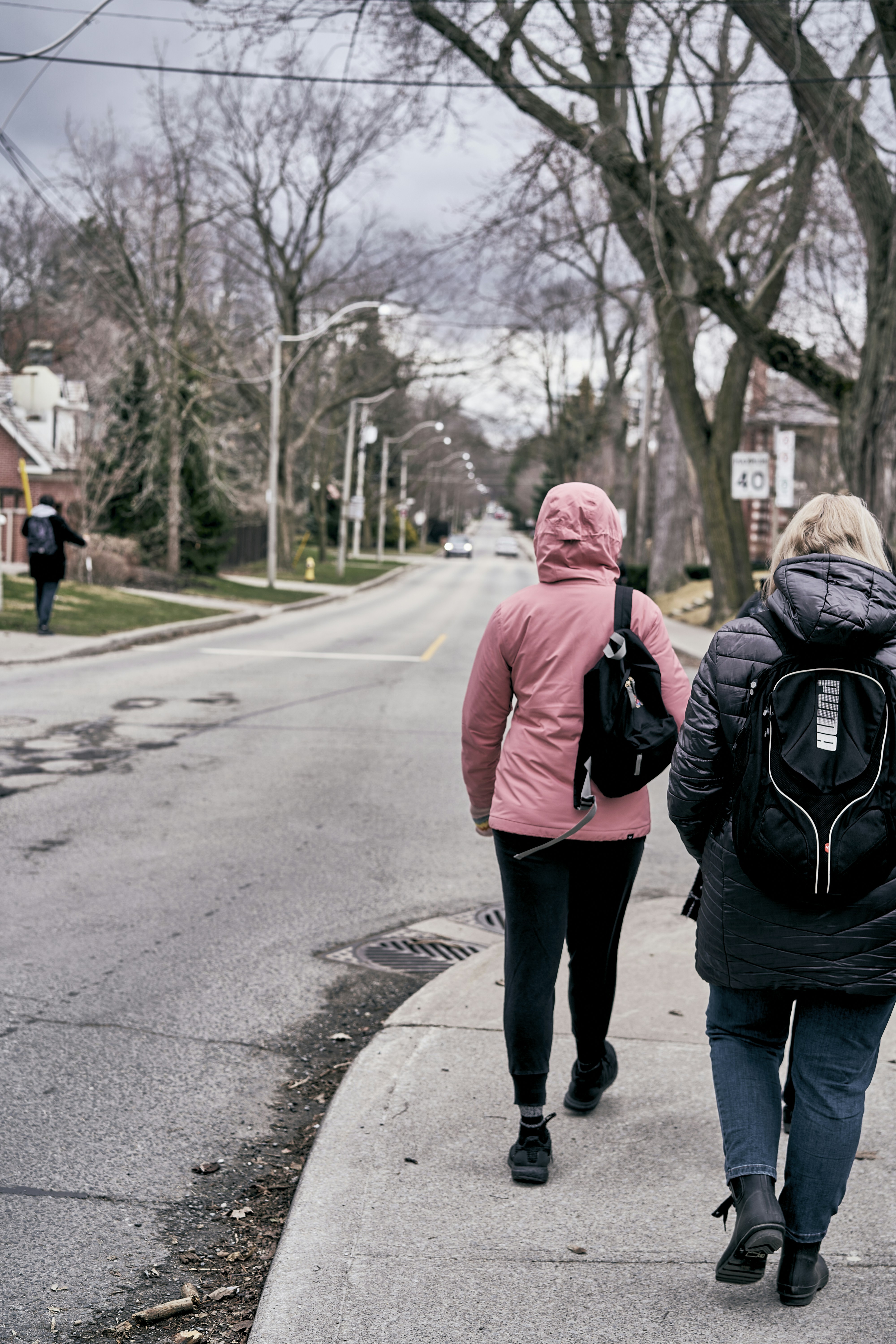 Winter Walkway: Pink-Hooded Figure and Friend on a Quiet Suburban Street