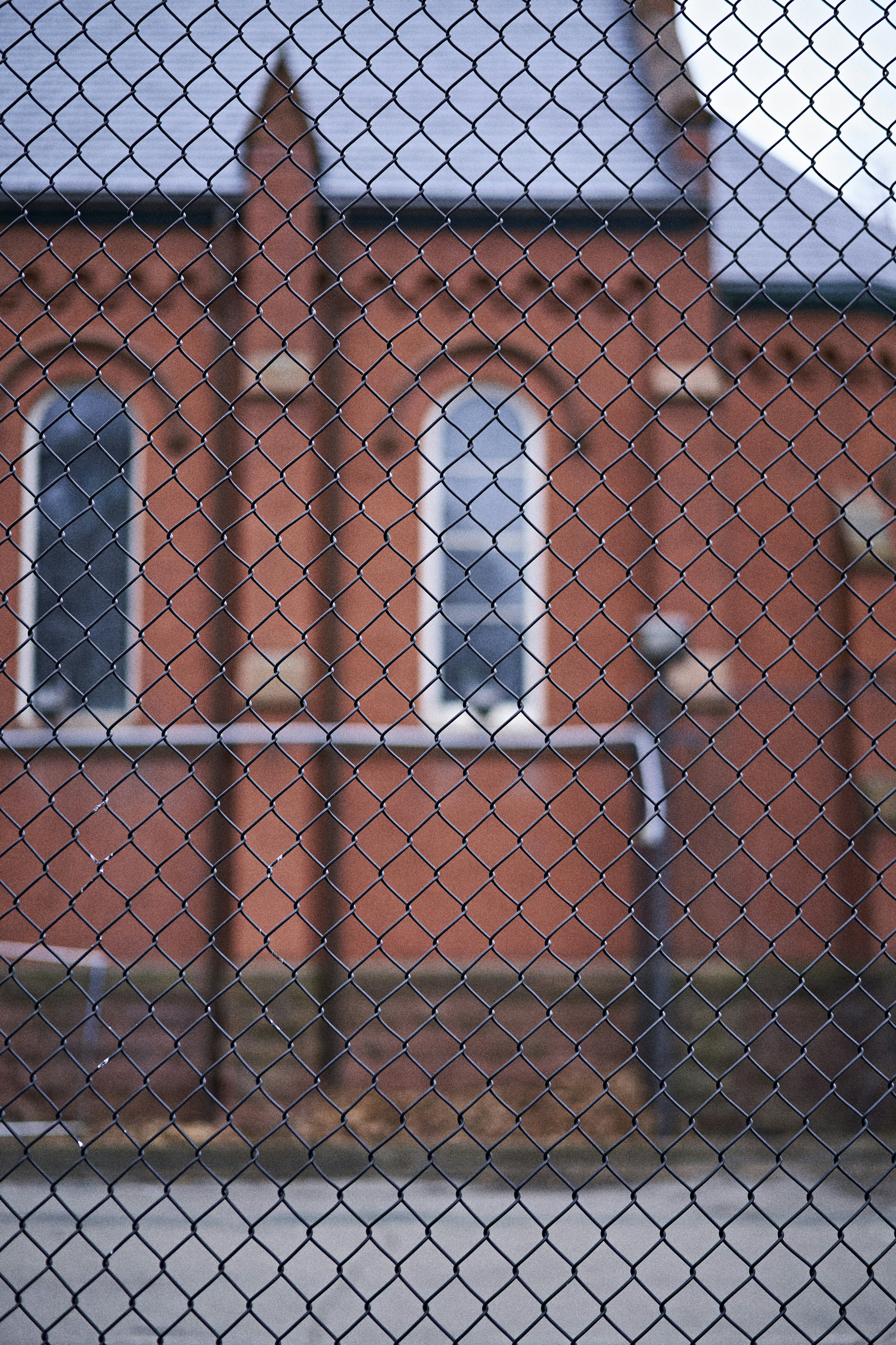 Diamond Mesh Framing a Red Brick Edifice