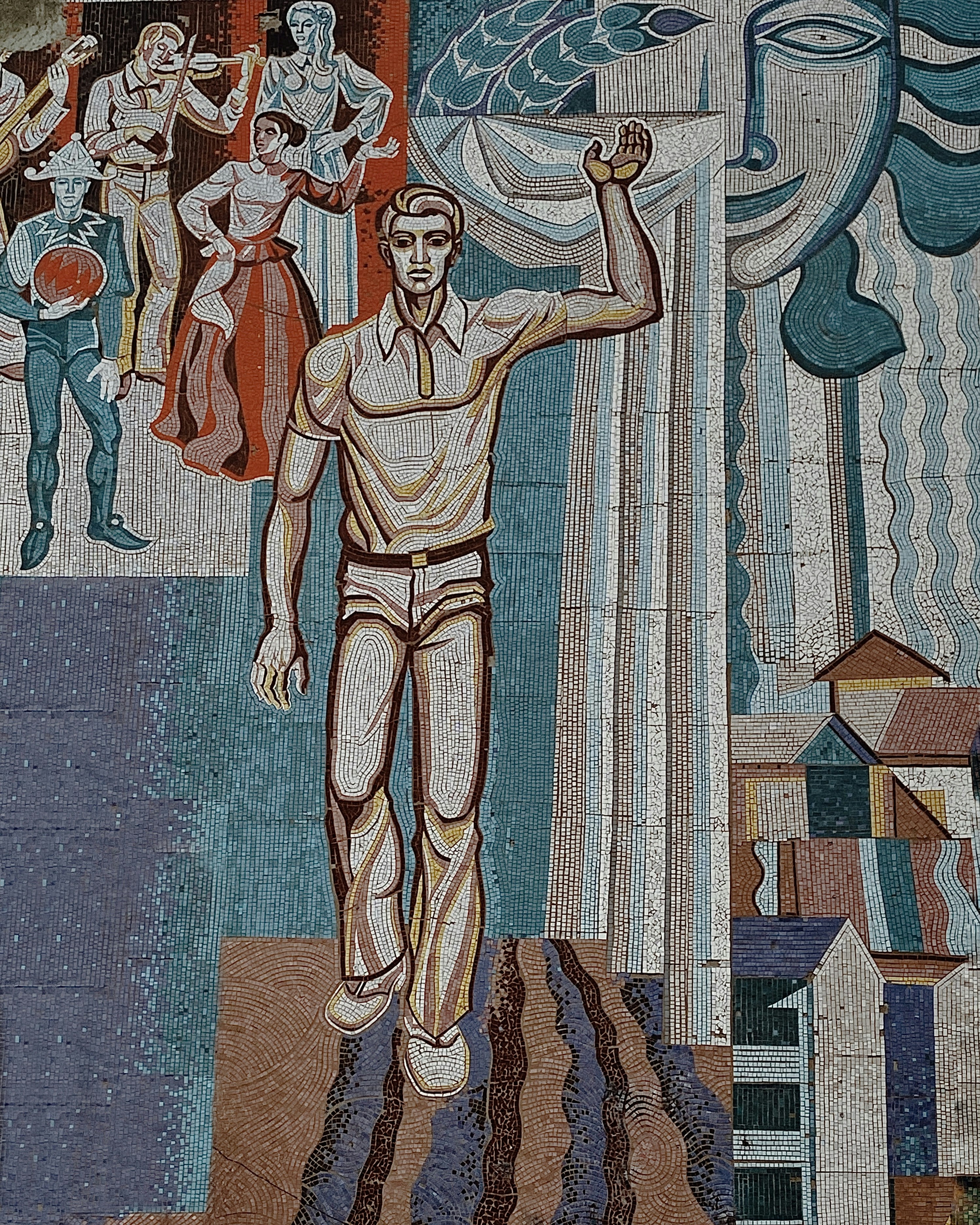 Stride in Color: The Central Figure Anchoring a Mosaic Cityscape