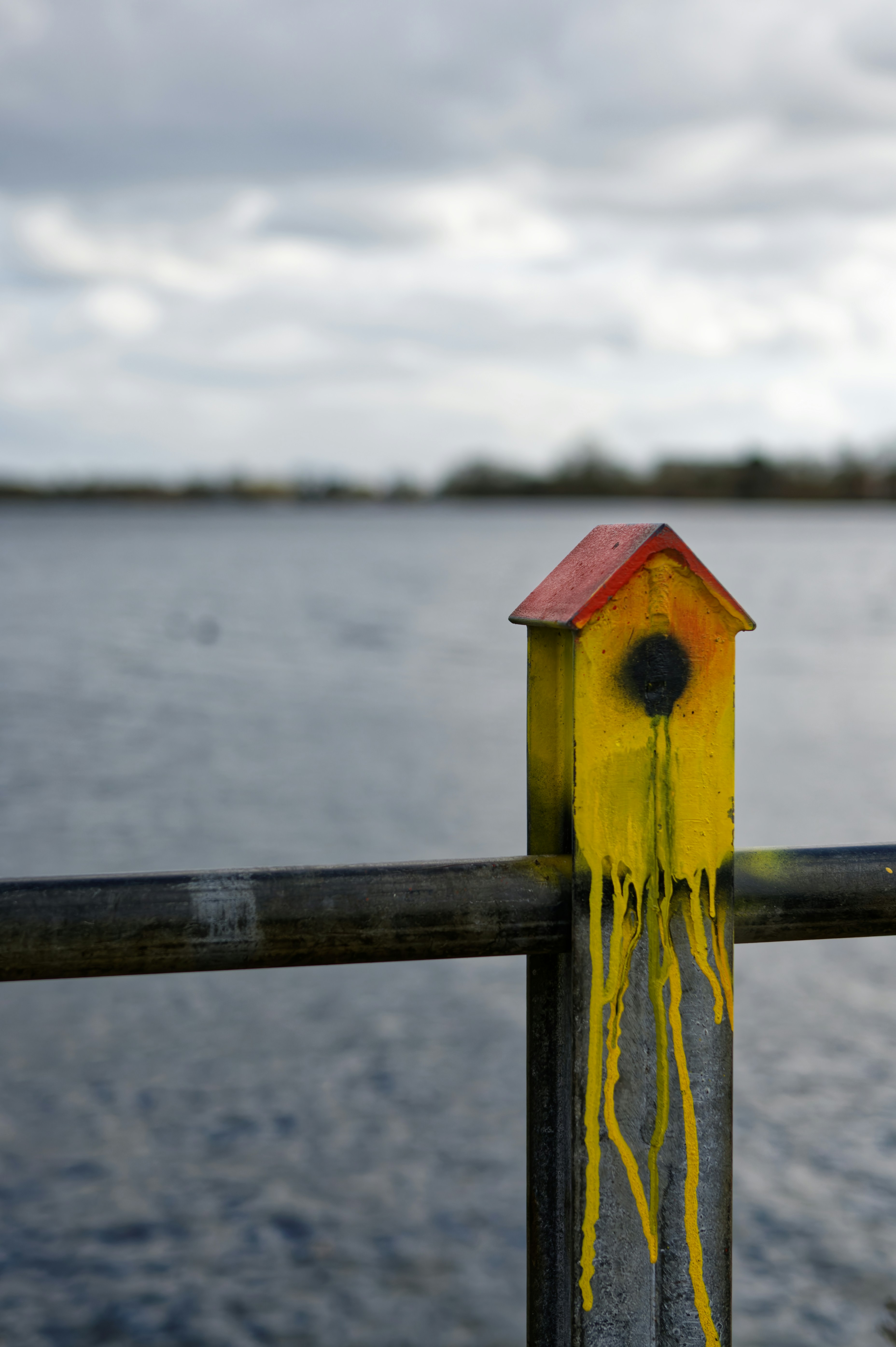 Yellow sentinel on a railing by a quiet lakeside under gray skies