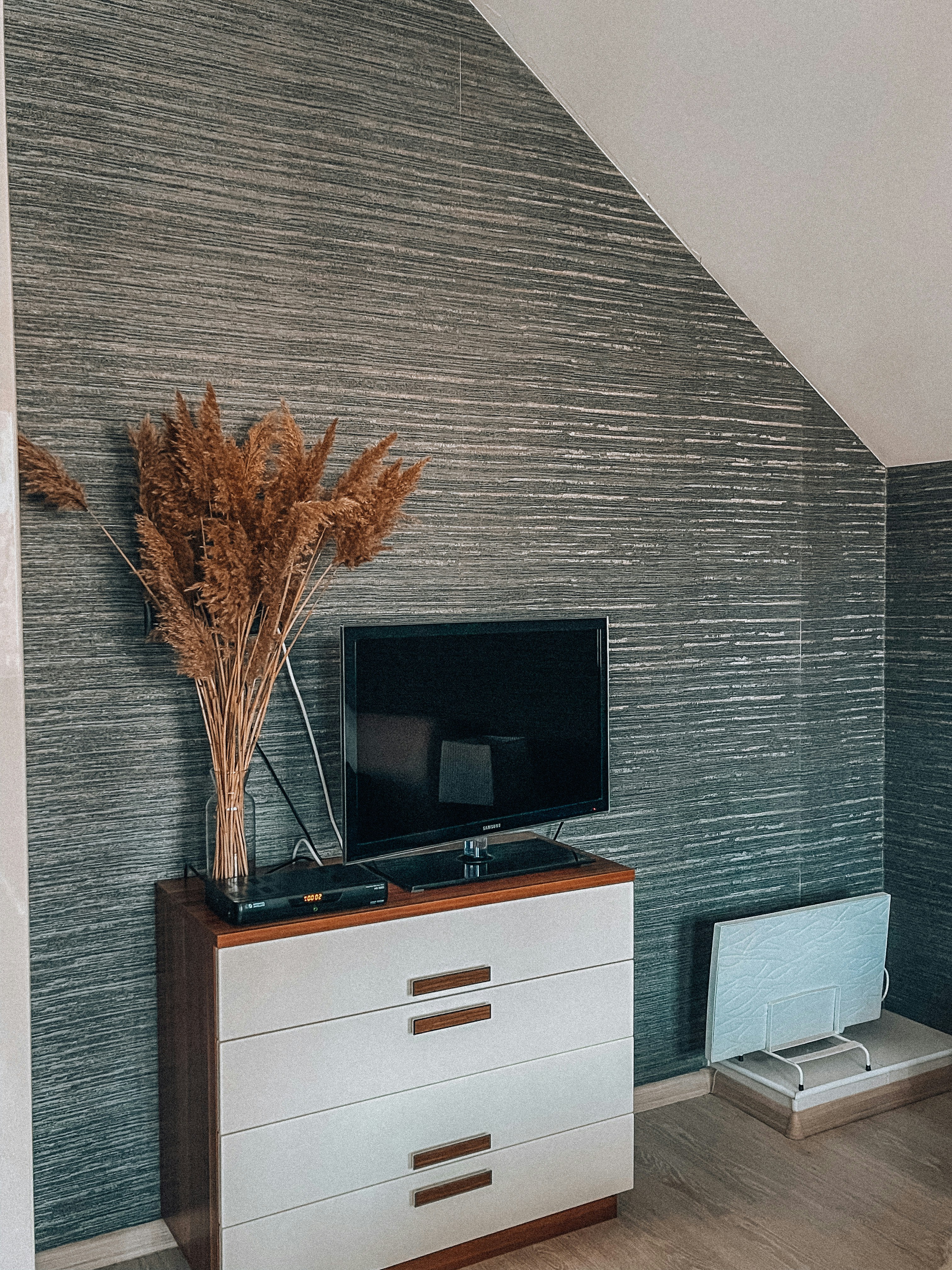 Stylish interior featuring a wooden dresser, a sleek television, and a decorative arrangement of dried pampas grass against a textured wall.