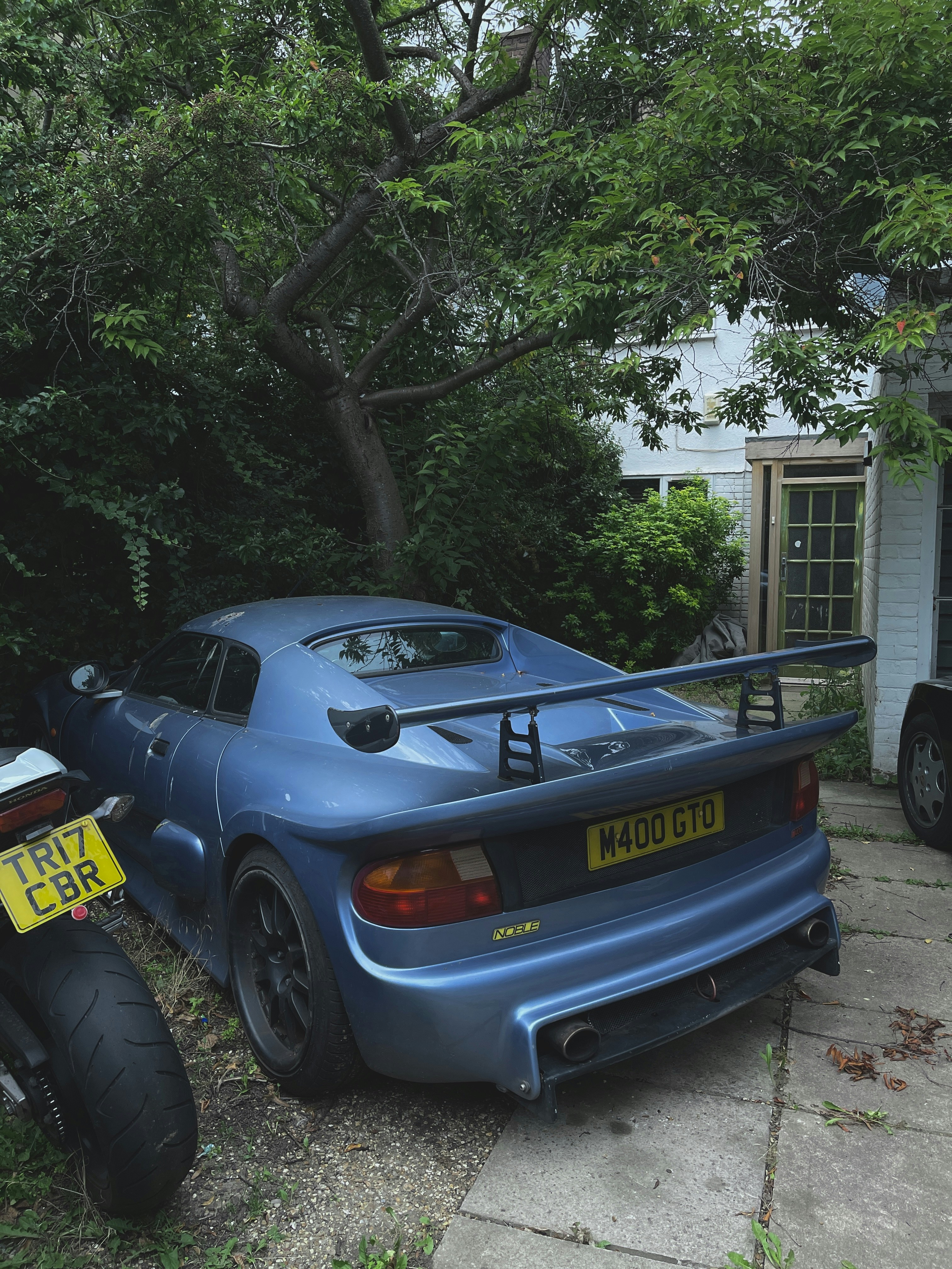 A rare M400 GTO sports car partially concealed by lush greenery, showcasing its sleek design and distinctive rear wing. The scene captures a blend of automotive beauty and natural surroundings.