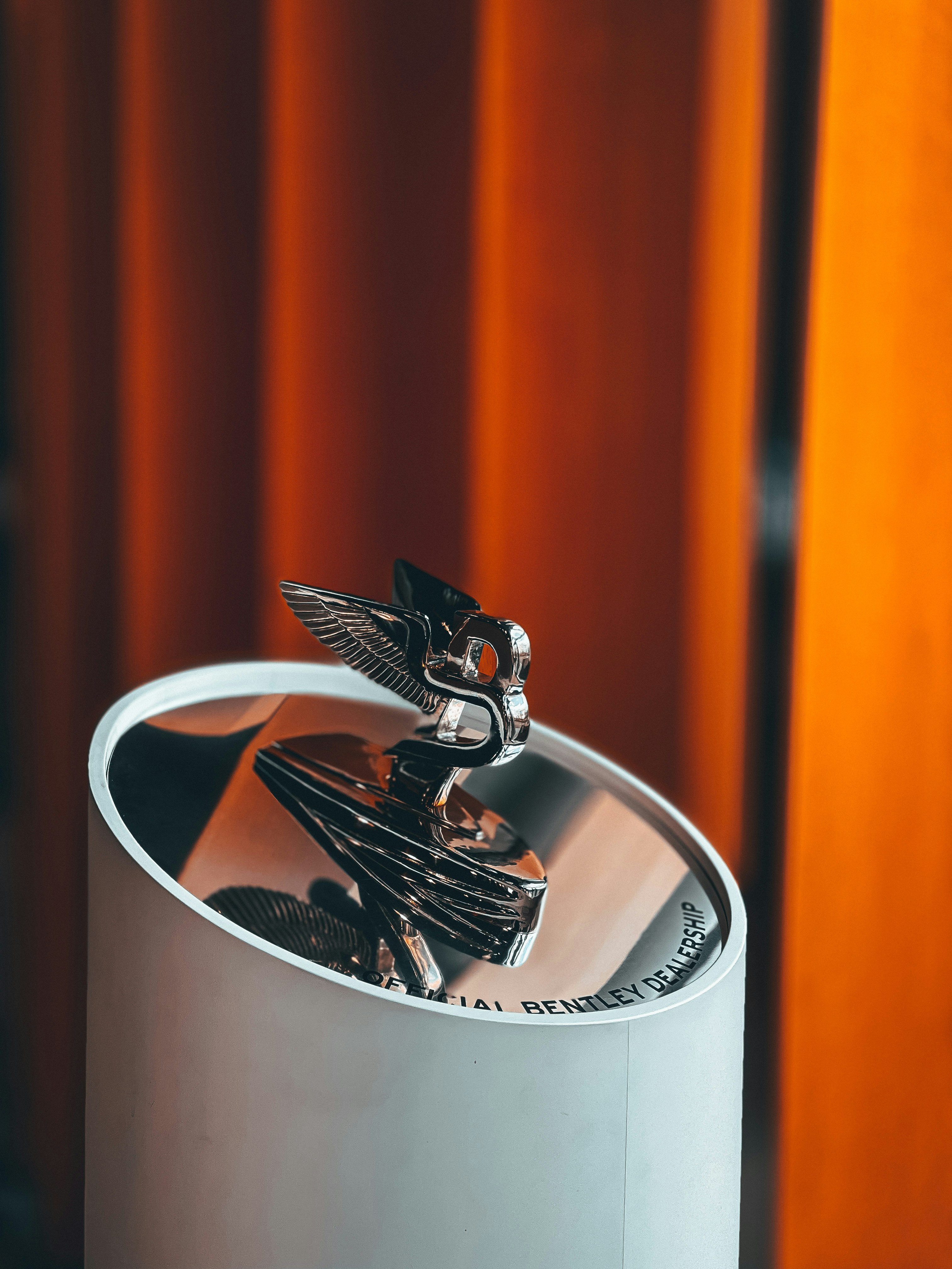 A silver bird sculpture sitting on top of a table photo – Free Brown ...