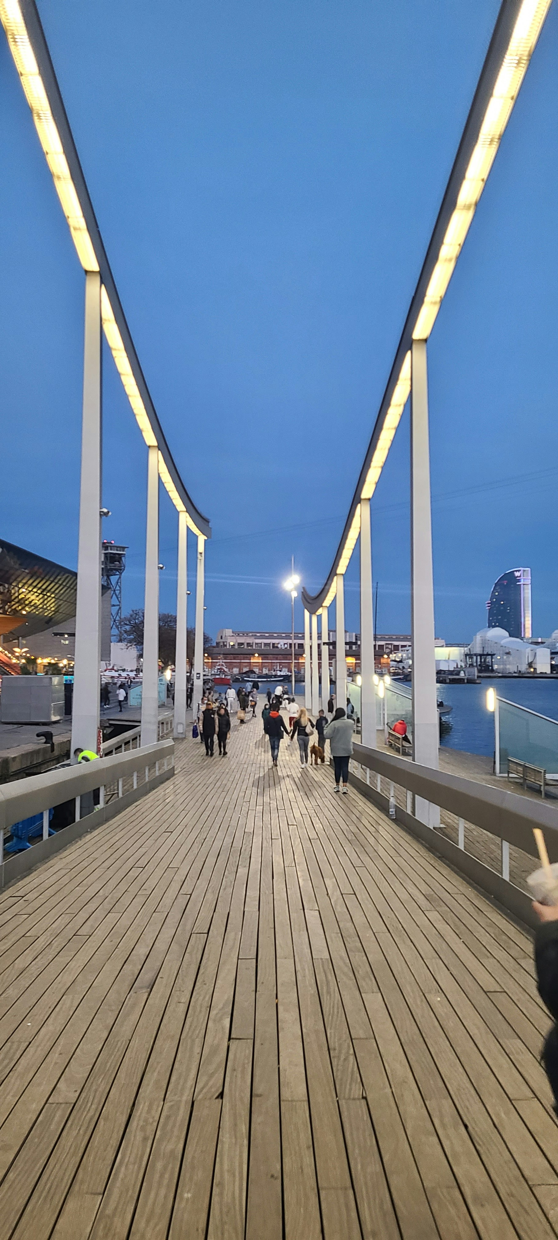 Twilight Boardwalk: Converging Lines Toward a Waterfront Skyline
