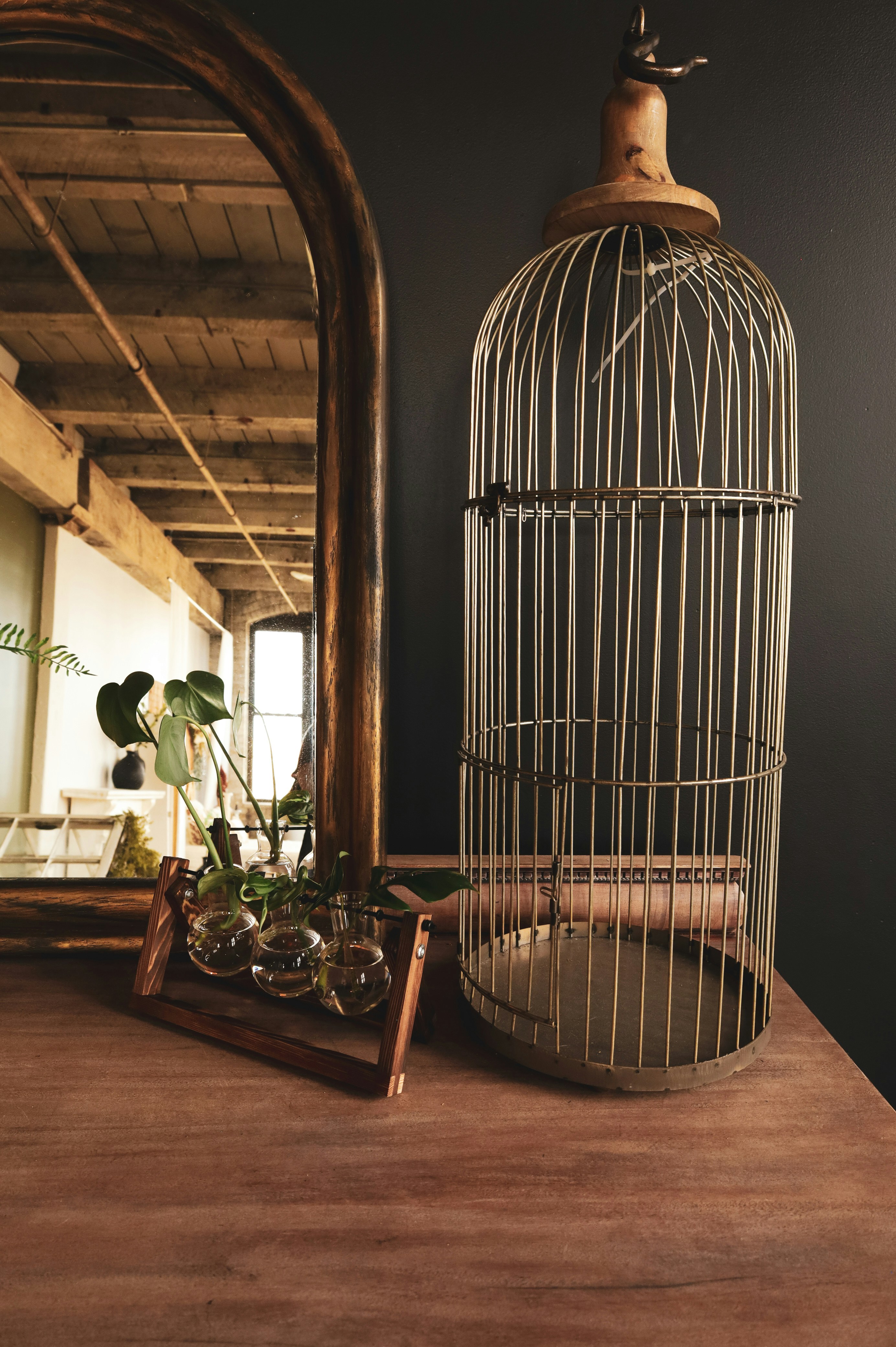 Caged Quietude: A Vintage Birdcage Beside a Worn Mirror on a Wooden Still Life