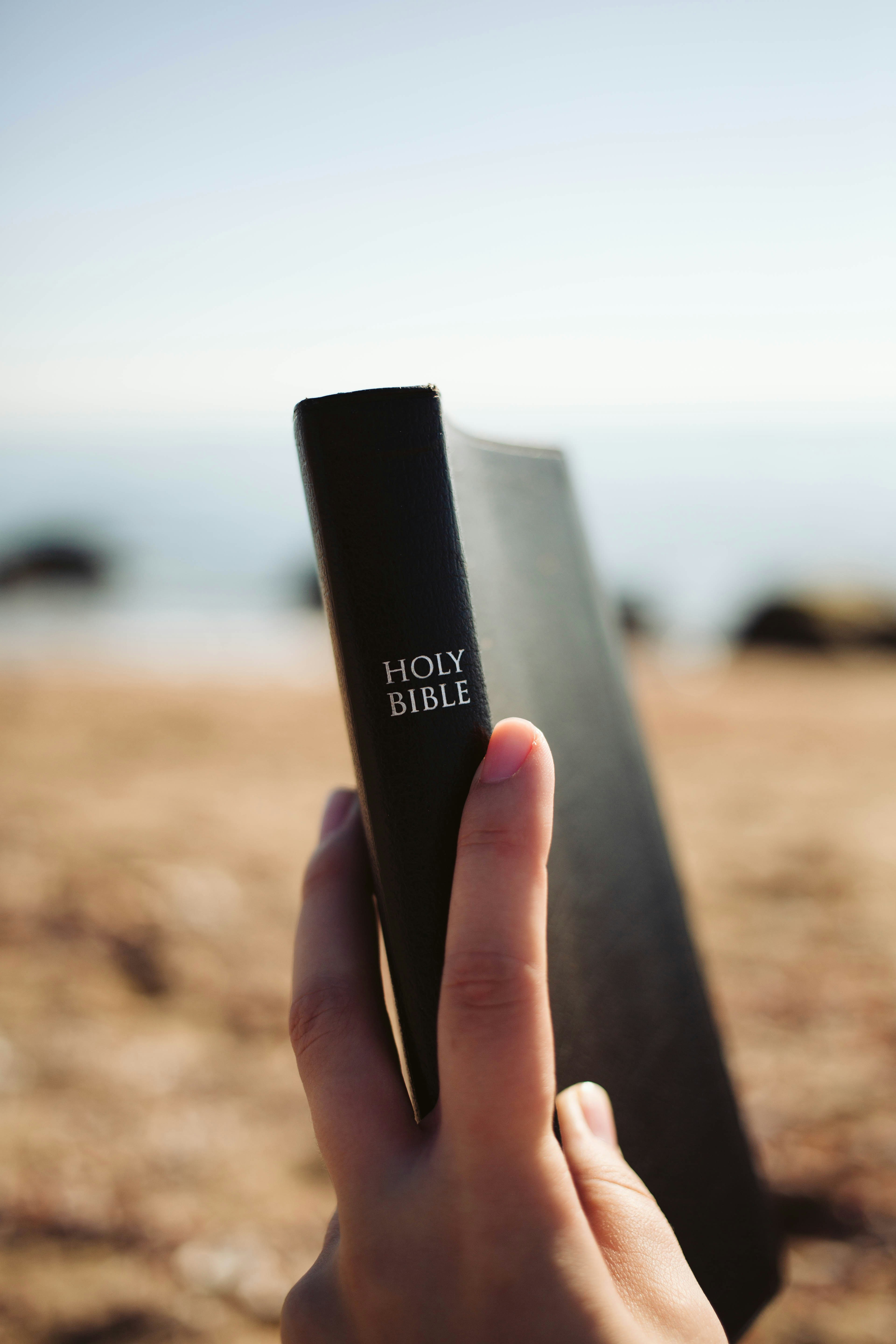 Anchored in Light: A Holy Bible Held on a Seaside Shore