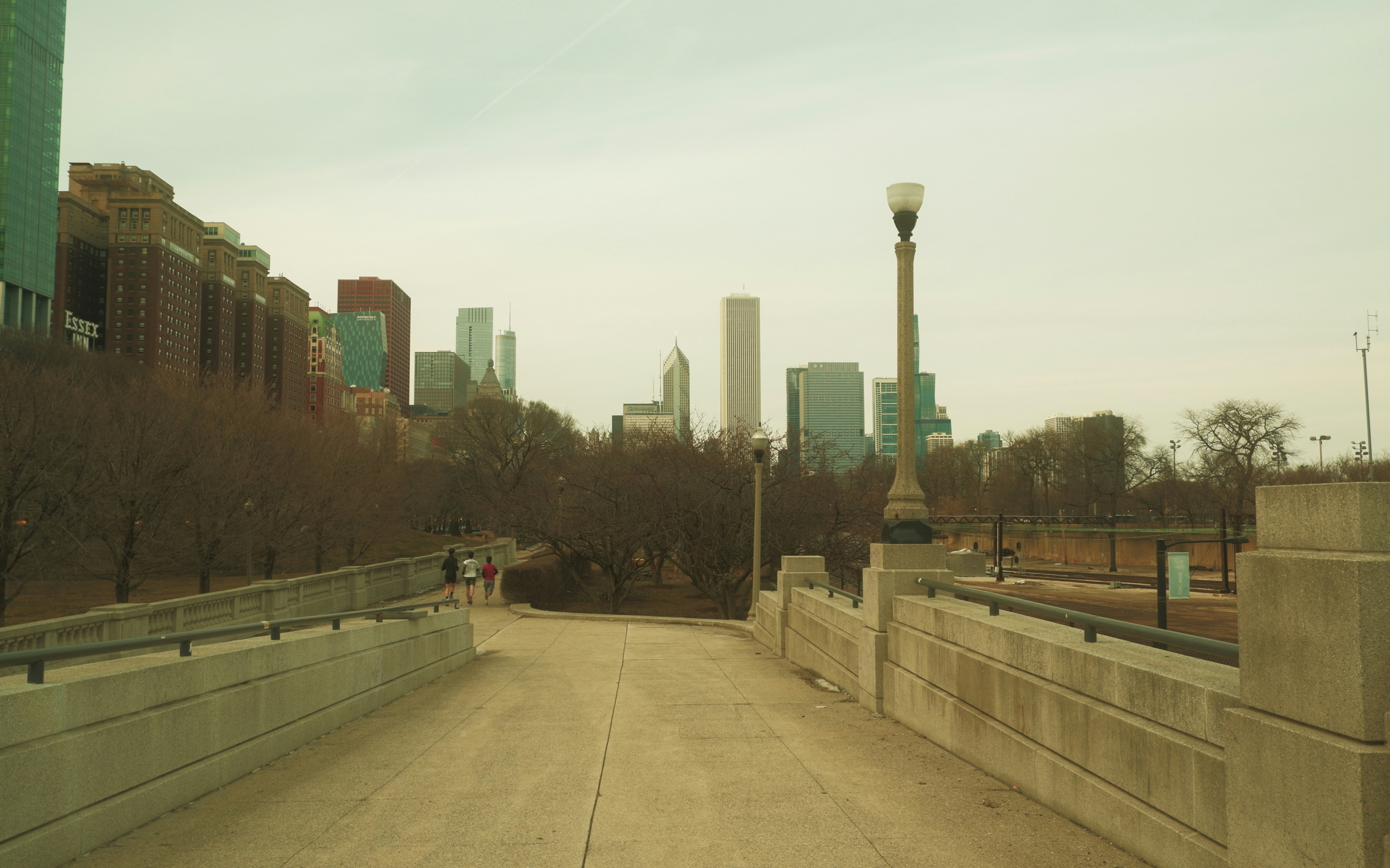 A wide pathway leads towards a city skyline, framed by bare trees and urban architecture. The scene captures a tranquil moment in an urban environment.