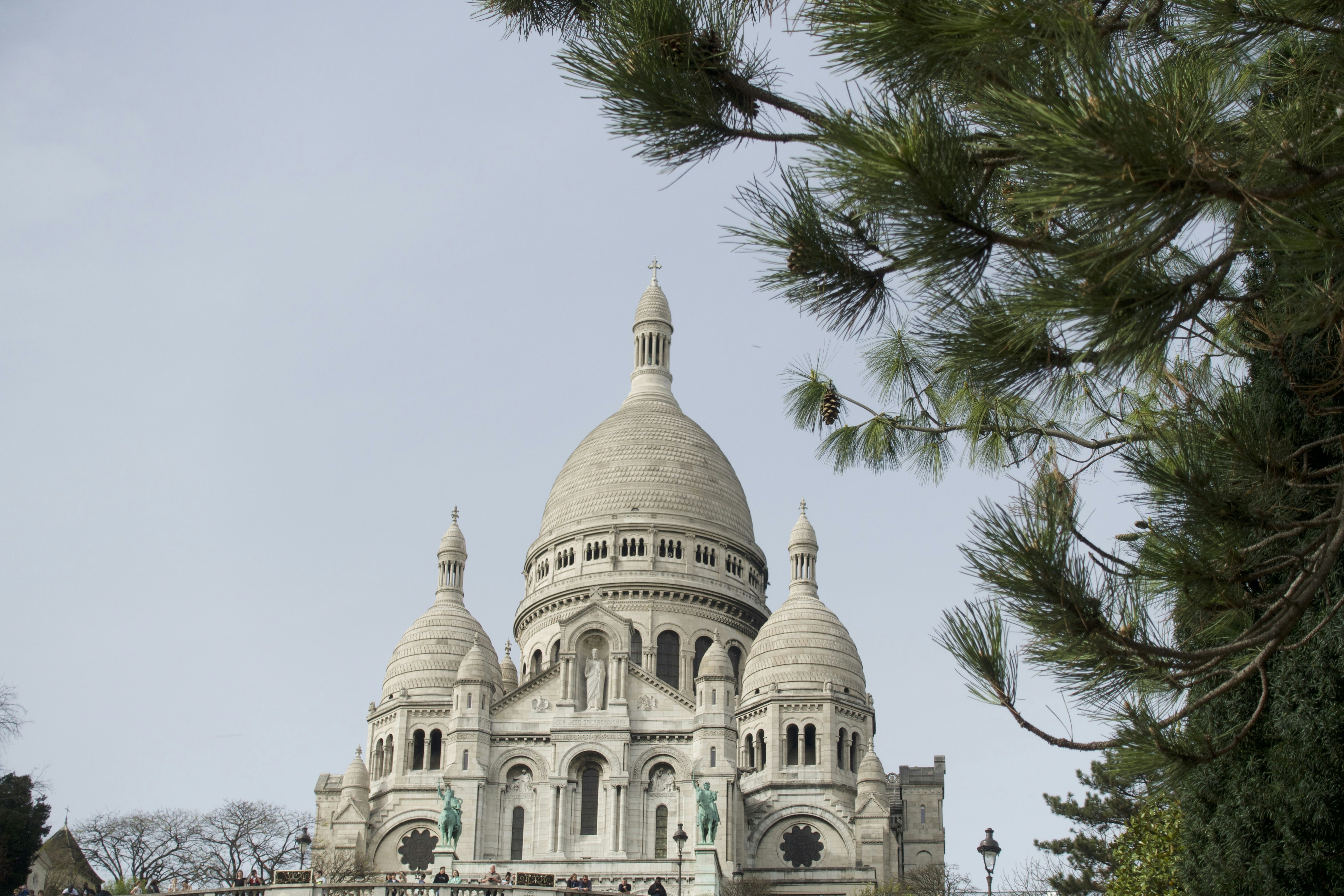 Sacré-Cœur Basilica framed by lush green pine branches against a serene sky.