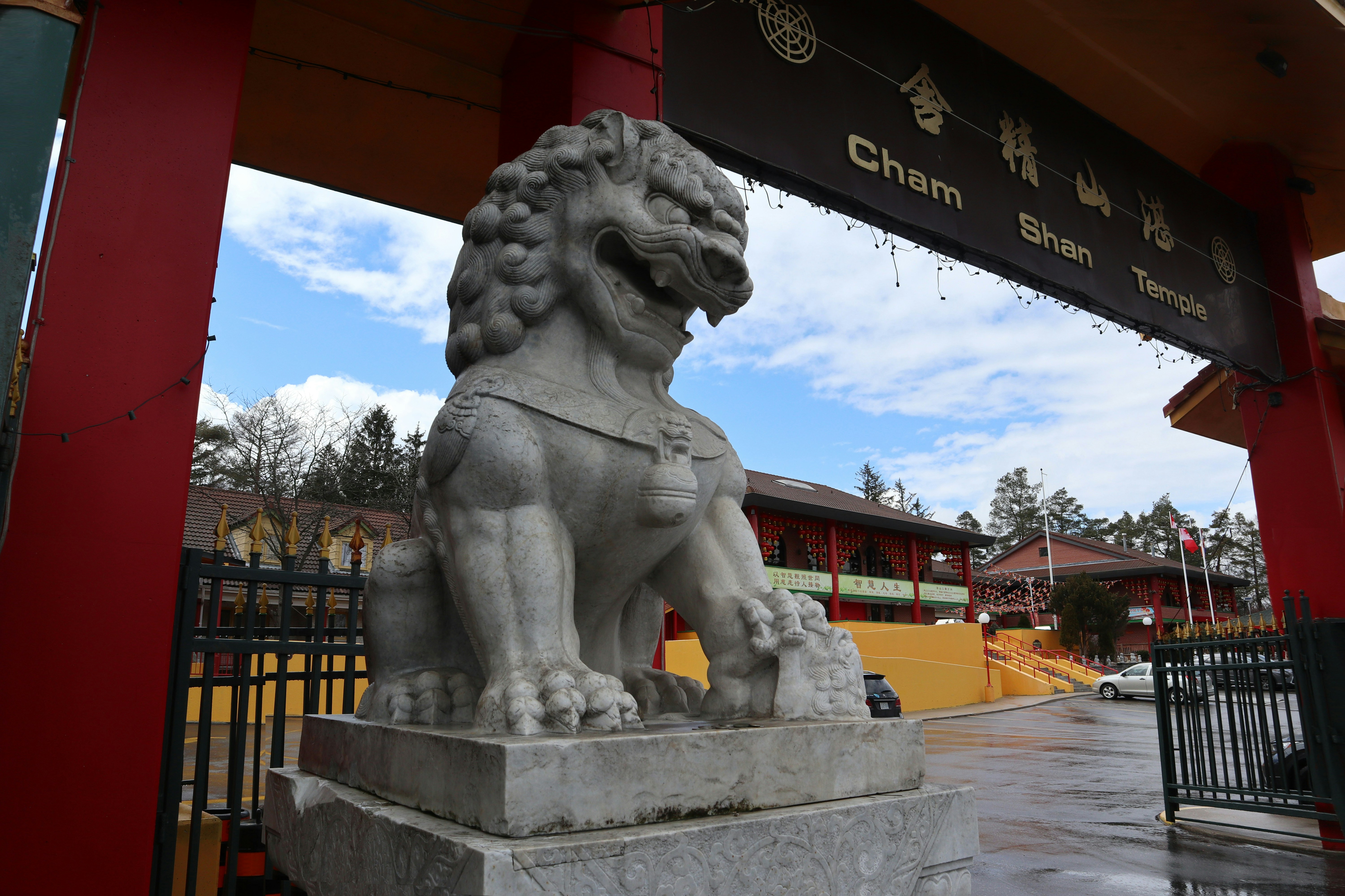 Guardian Lion at the Threshold: Red Gate, Blue Sky, Temple Courtyard